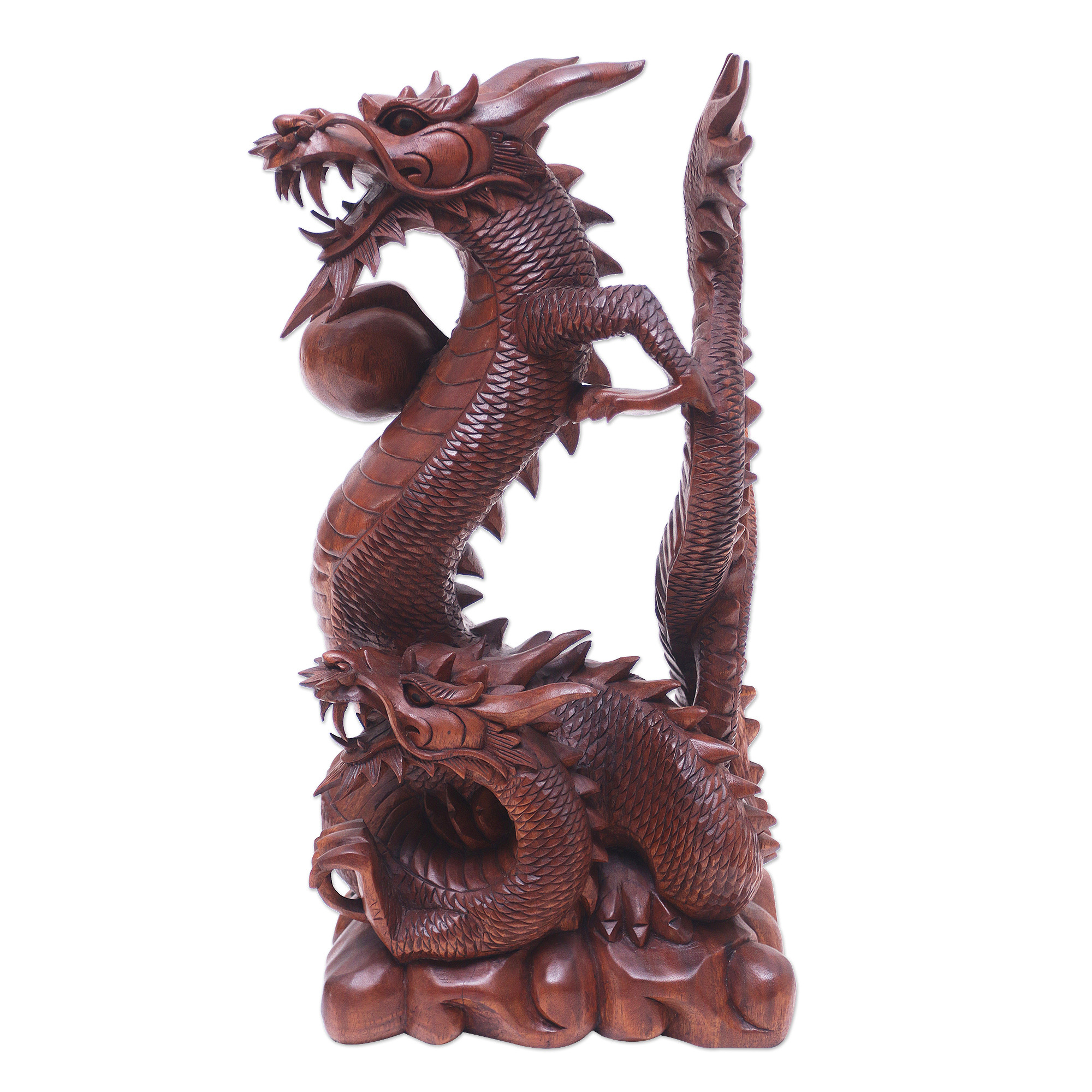 Handcrafted Wood Sculpture - Coiling Dragons | NOVICA
