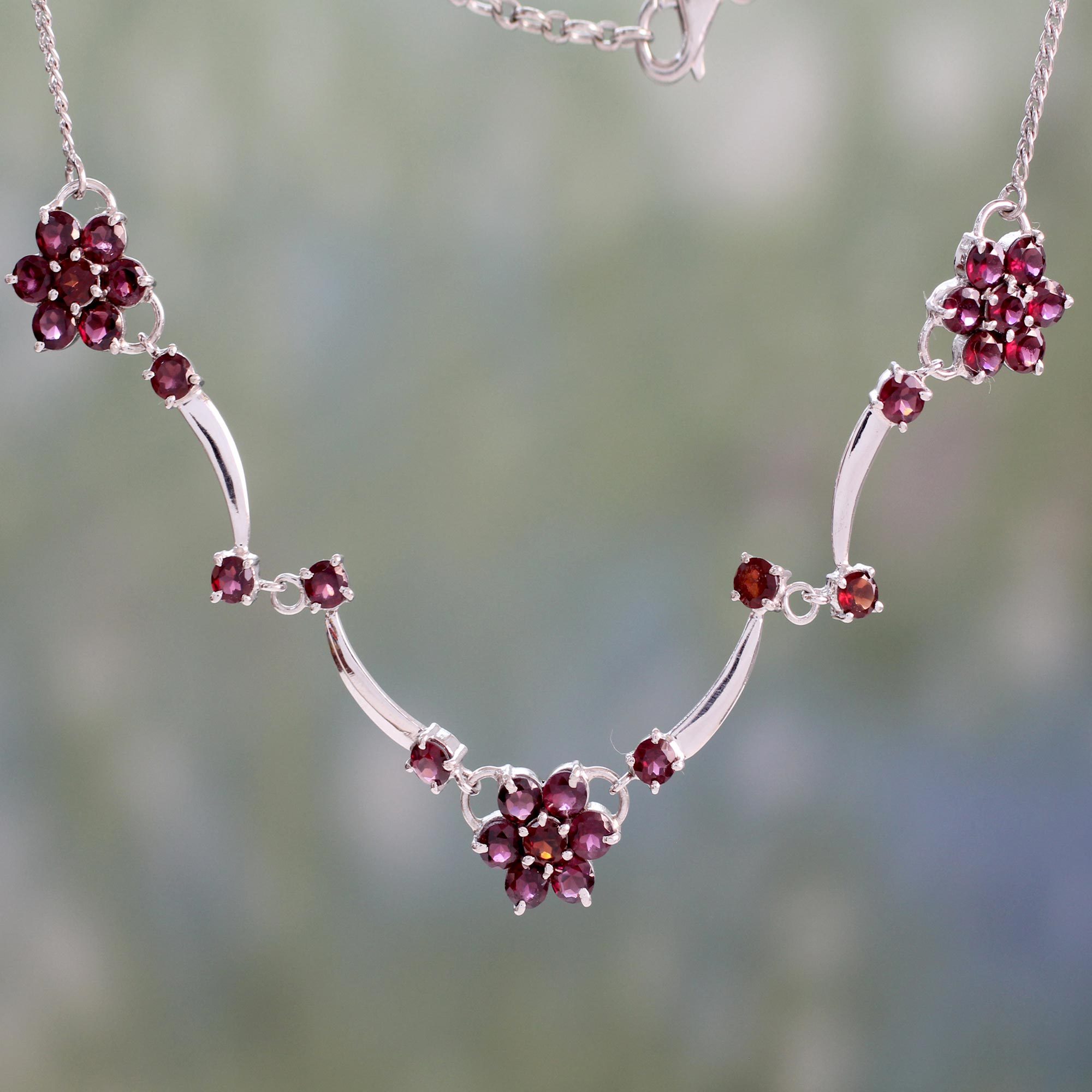 Garnet Flowers on Sterling Silver Necklace from India - Blushing ...