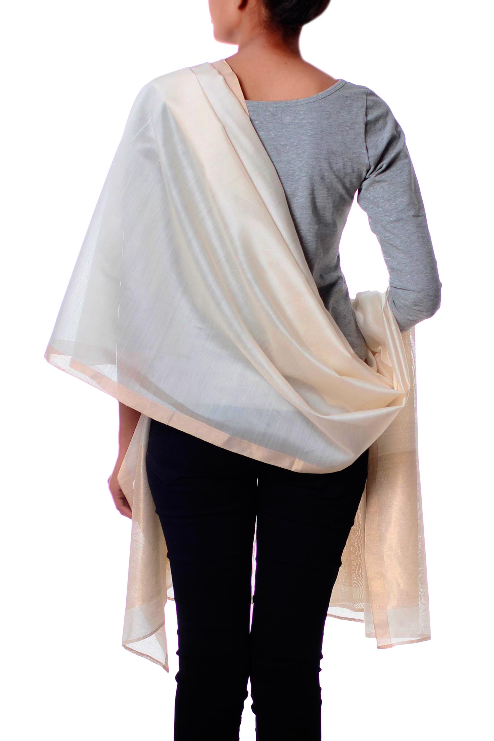 UNICEF Market | Indian Handwoven Cotton and Silk Shawl in Ivory and ...
