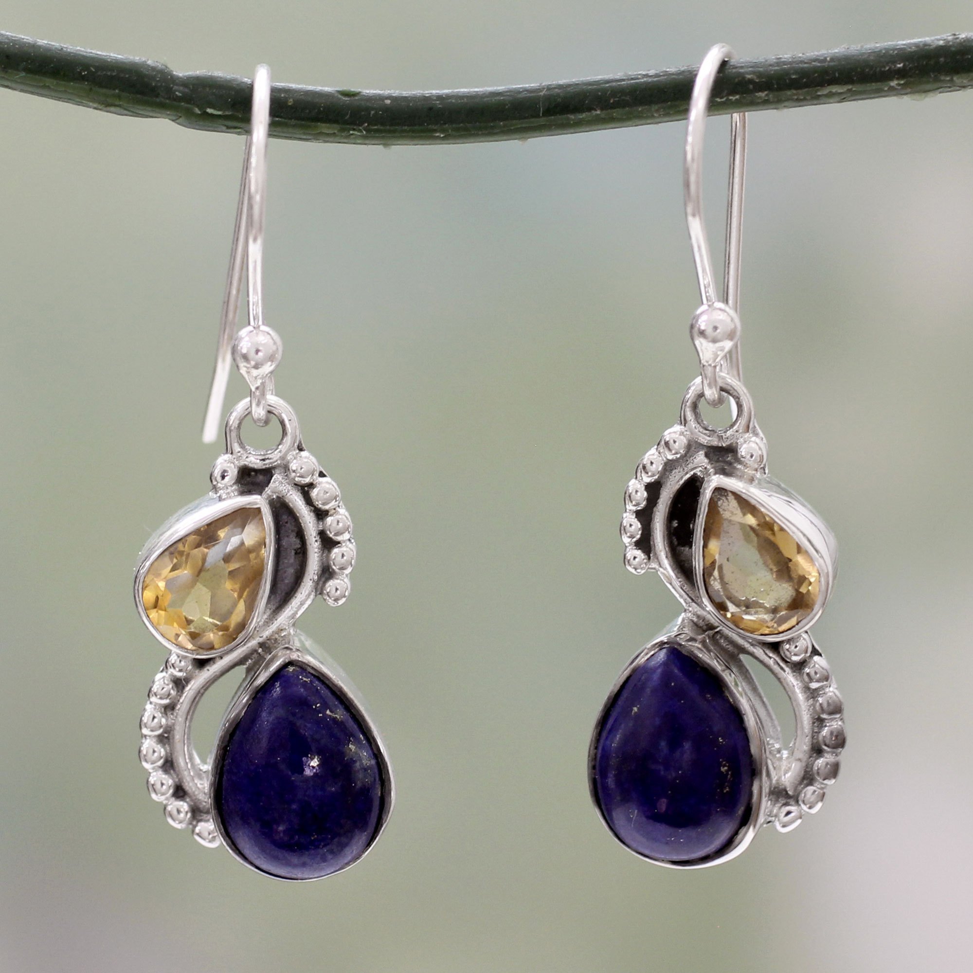 Silver and Lapis Lazuli Earrings with Faceted Citrine - Two Teardrops ...