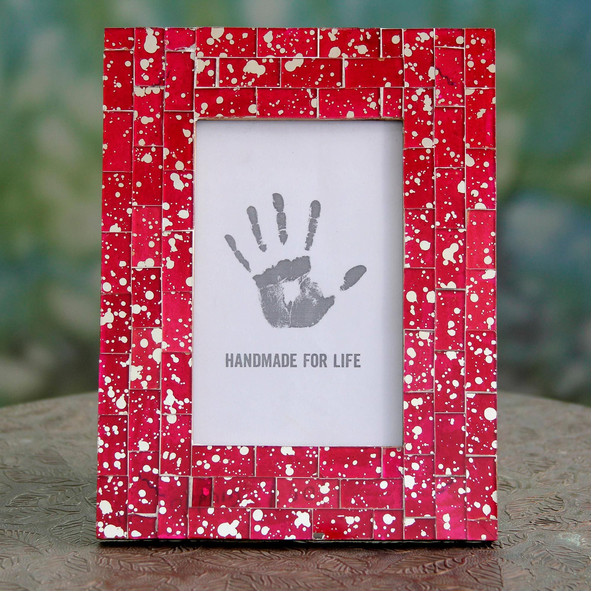 UNICEF Market | Ruby Red Glass Mosaic Photo Frame from India - Red Ruby