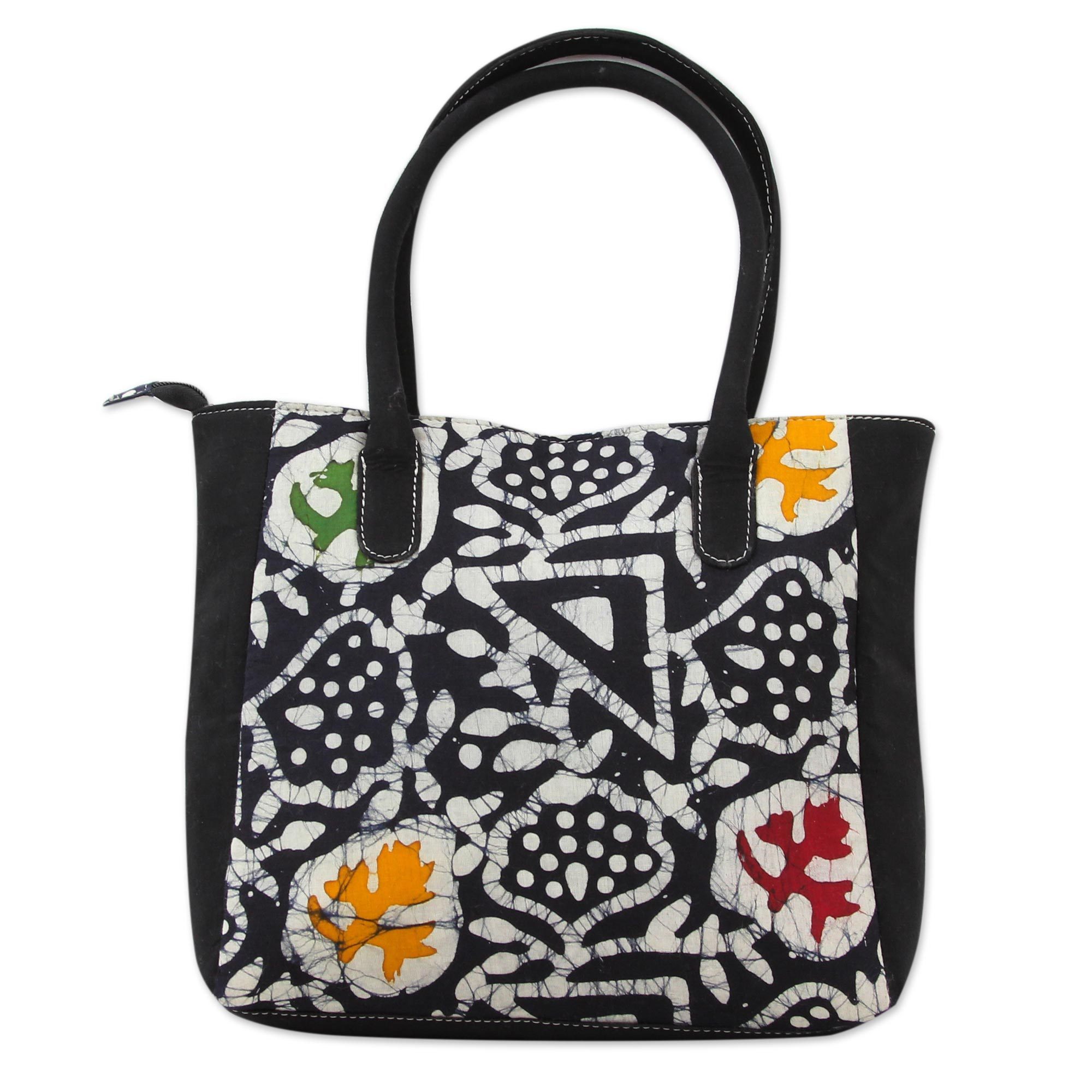 Black Cotton Indian Batik Tote Bag with Abstract Patterns - Abstract ...