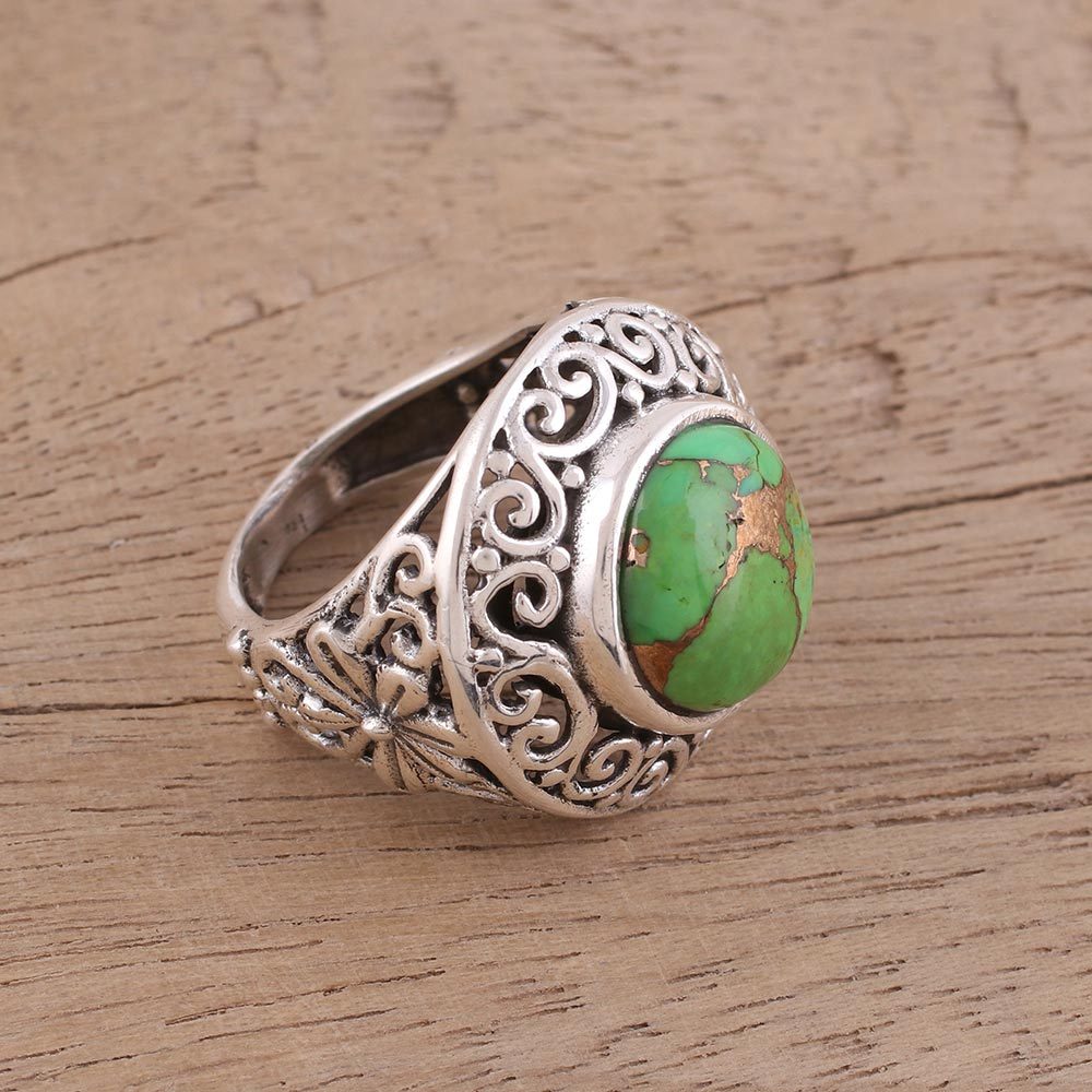 Handcrafted Silver Jali Ring with Green Composite Turquoise - Verdant ...