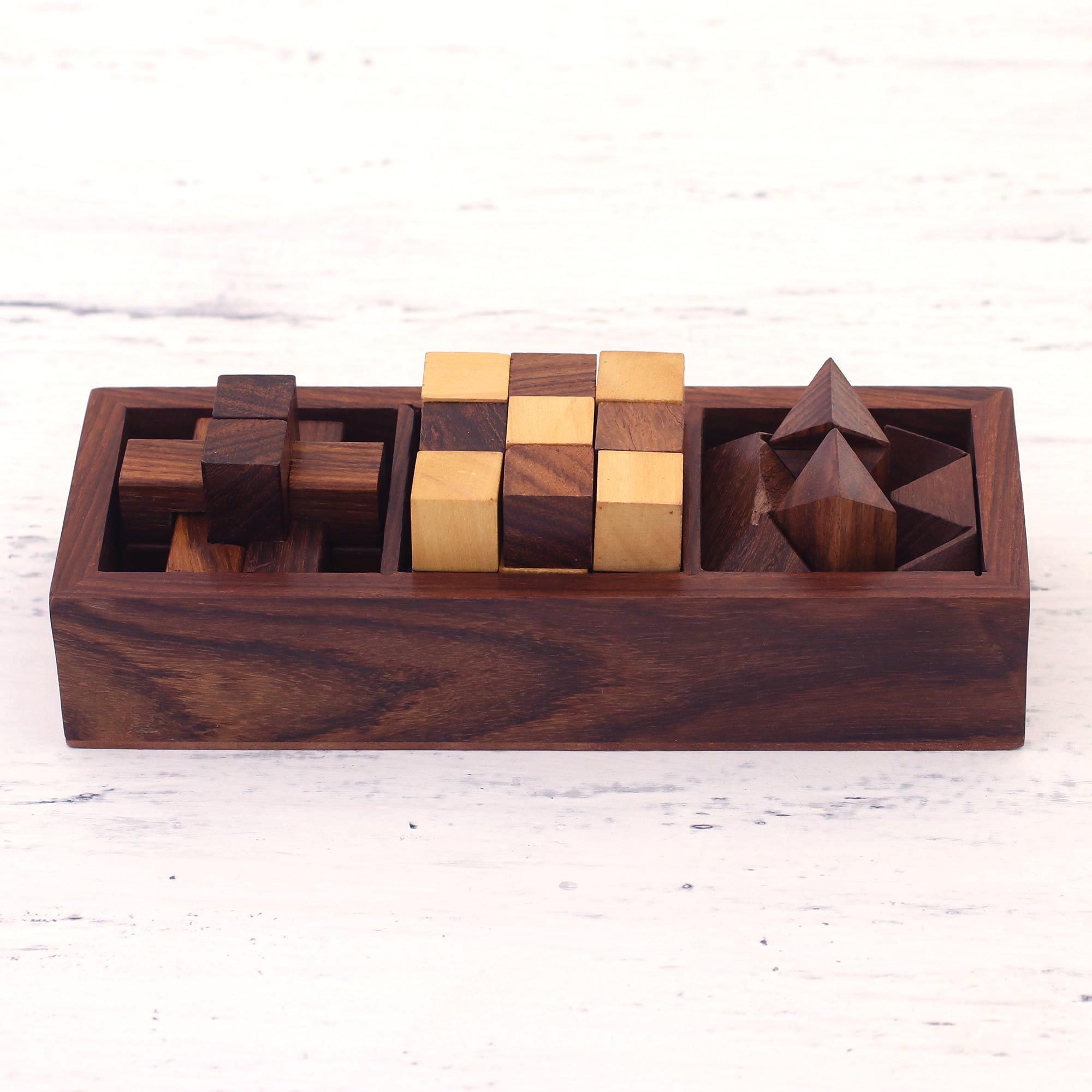 Handcrafted Wood Puzzles (Set of 3) from India - Challenging Trio | NOVICA