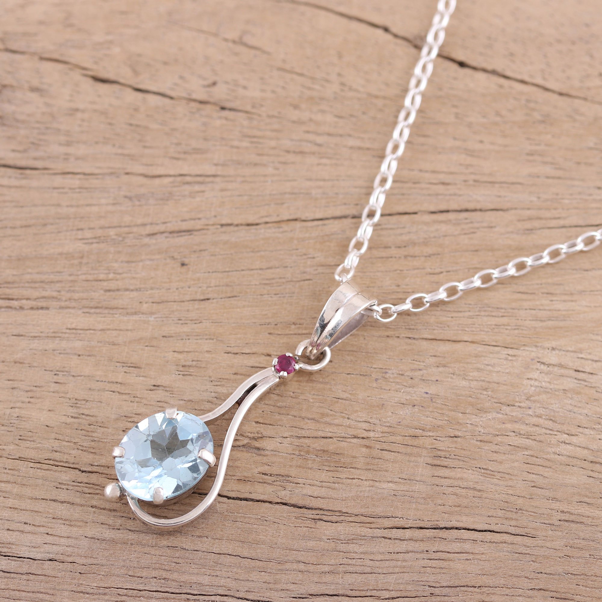 Blue Topaz and Ruby Pendant Necklace from India - Enthralling Sky | NOVICA