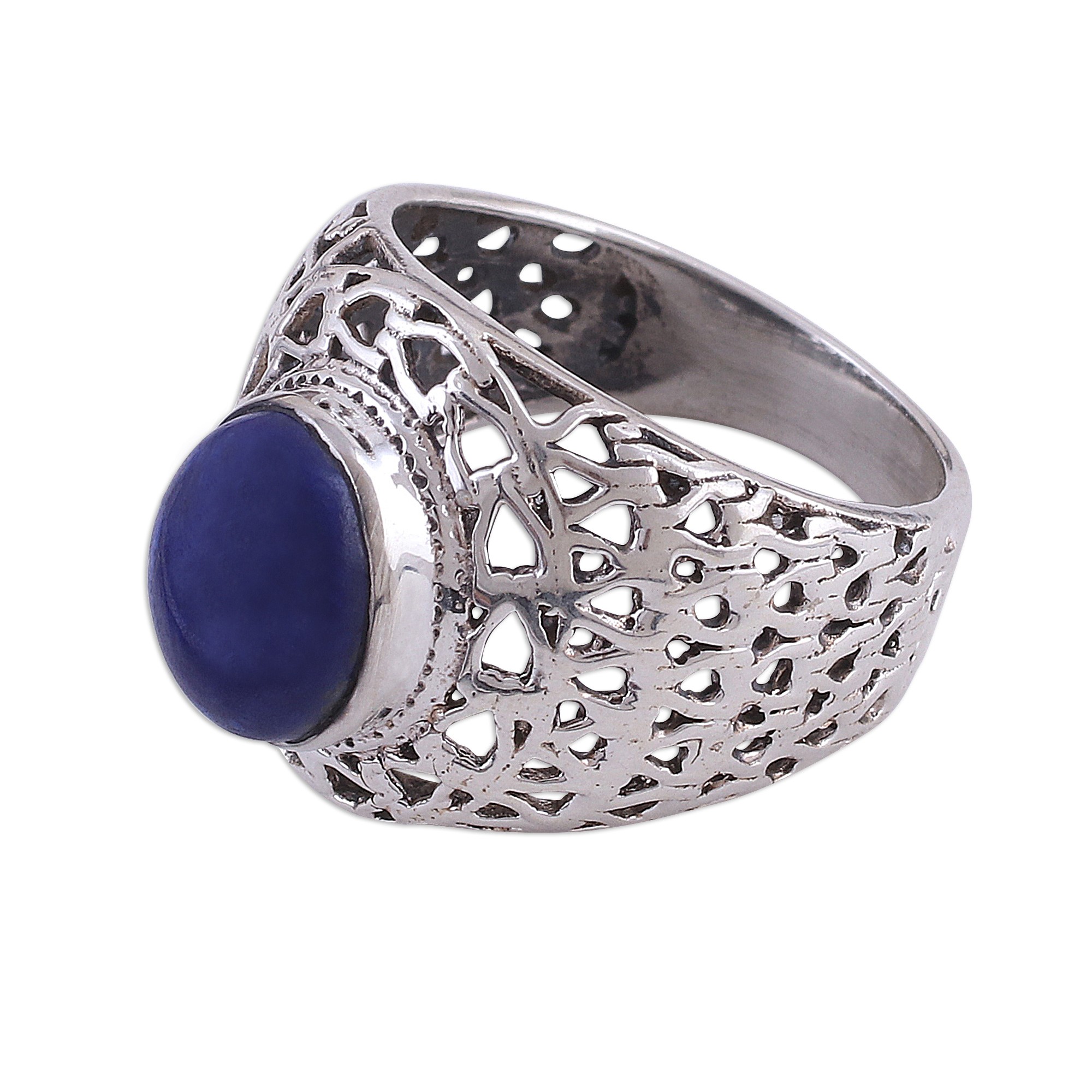Sterling Silver Jali and Lapis Lazuli Cocktail Ring - Royal Jali | NOVICA