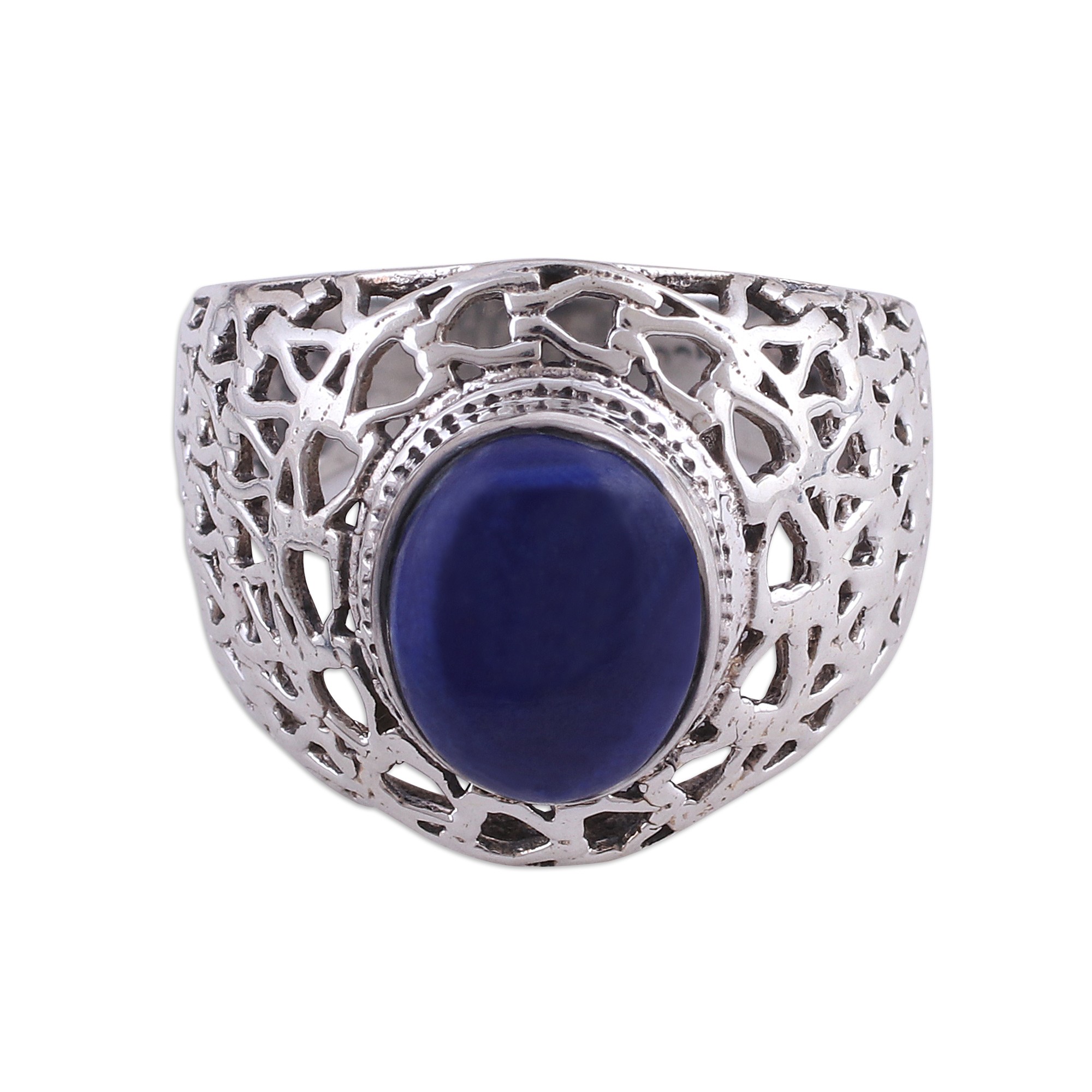 Sterling Silver Jali and Lapis Lazuli Cocktail Ring - Royal Jali | NOVICA