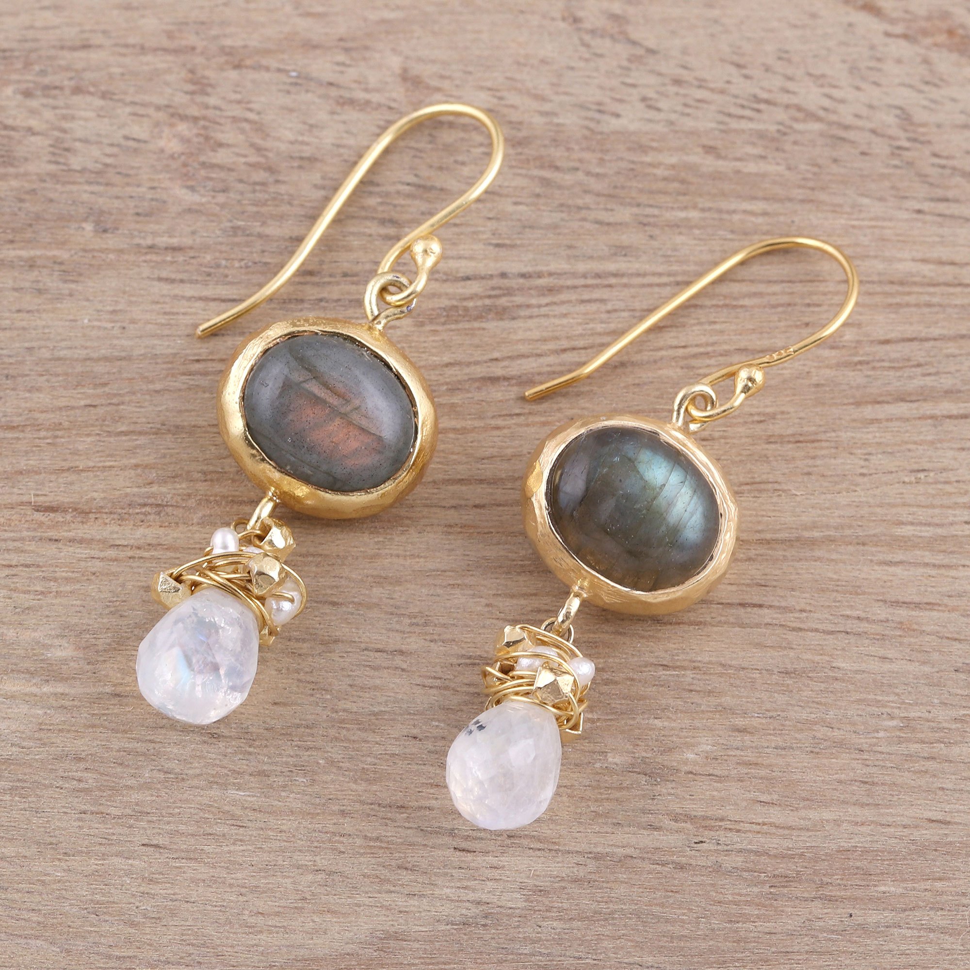 22k Gold Plated Multi-Gemstone Dangle Earrings from India - Ethereal Majesty | NOVICA