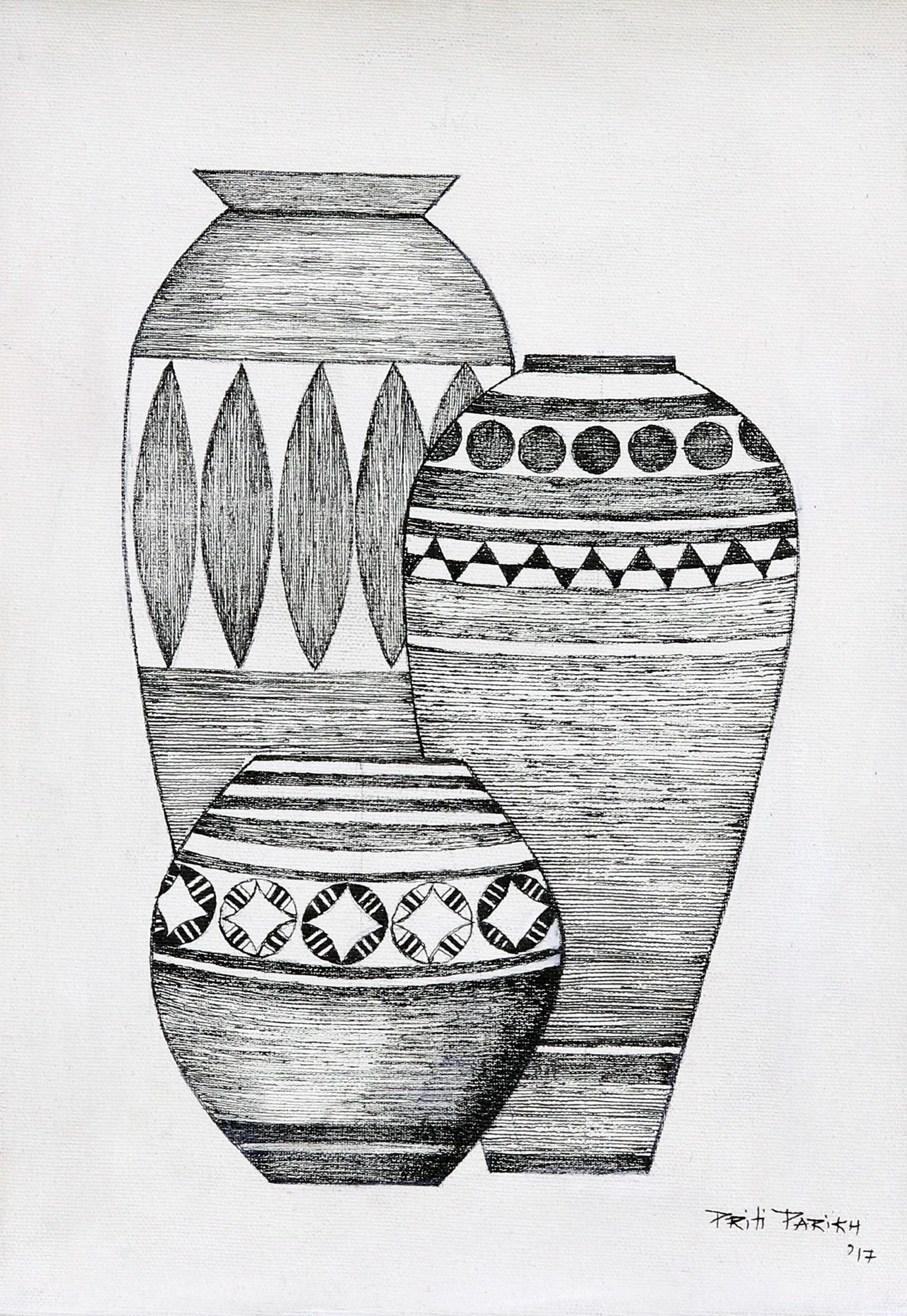 UNICEF Market | Signed Ink Painting of Three Pots from India - The Pot II