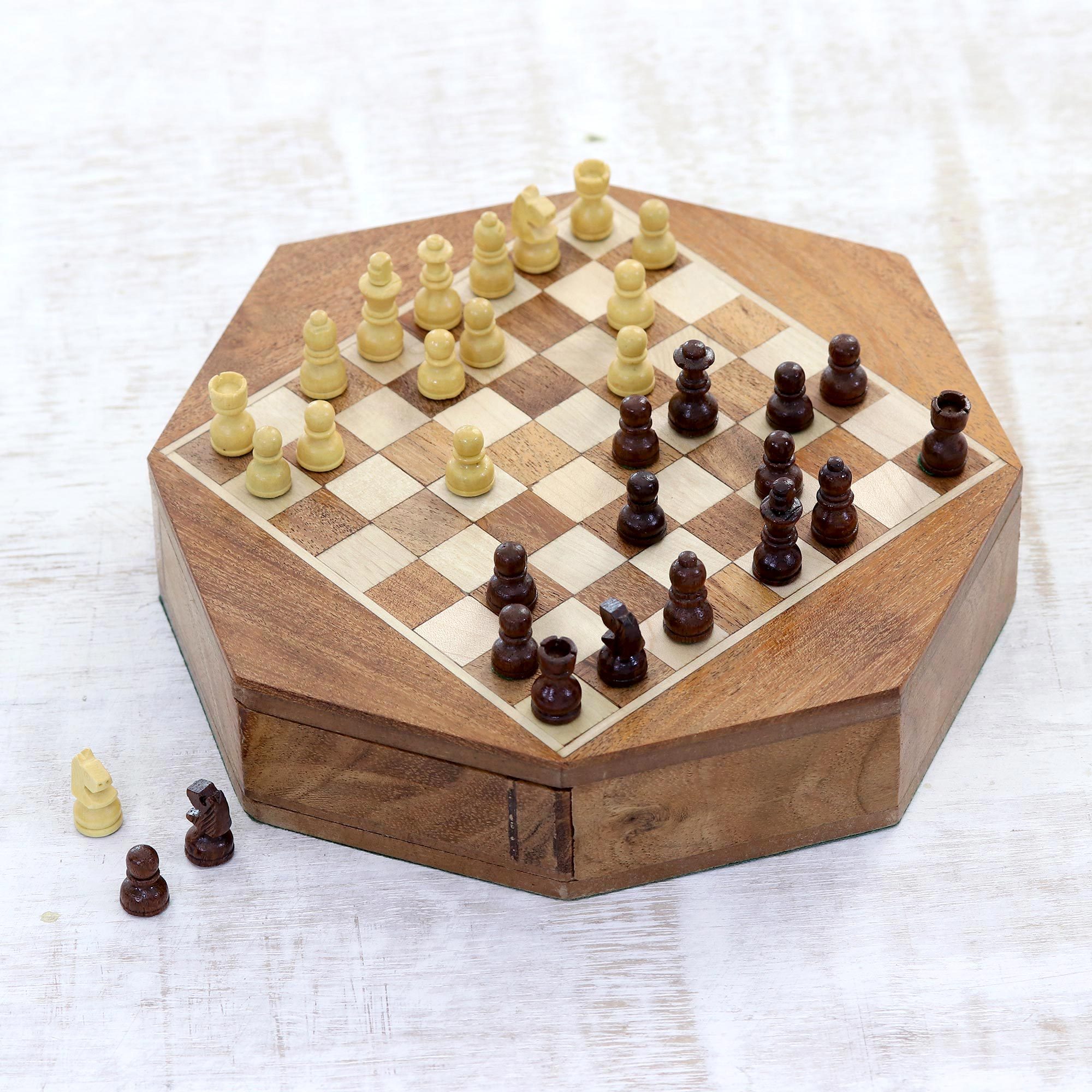 Wood Mini Chess Set with a Magnetic Board from India - Mind Battle | NOVICA