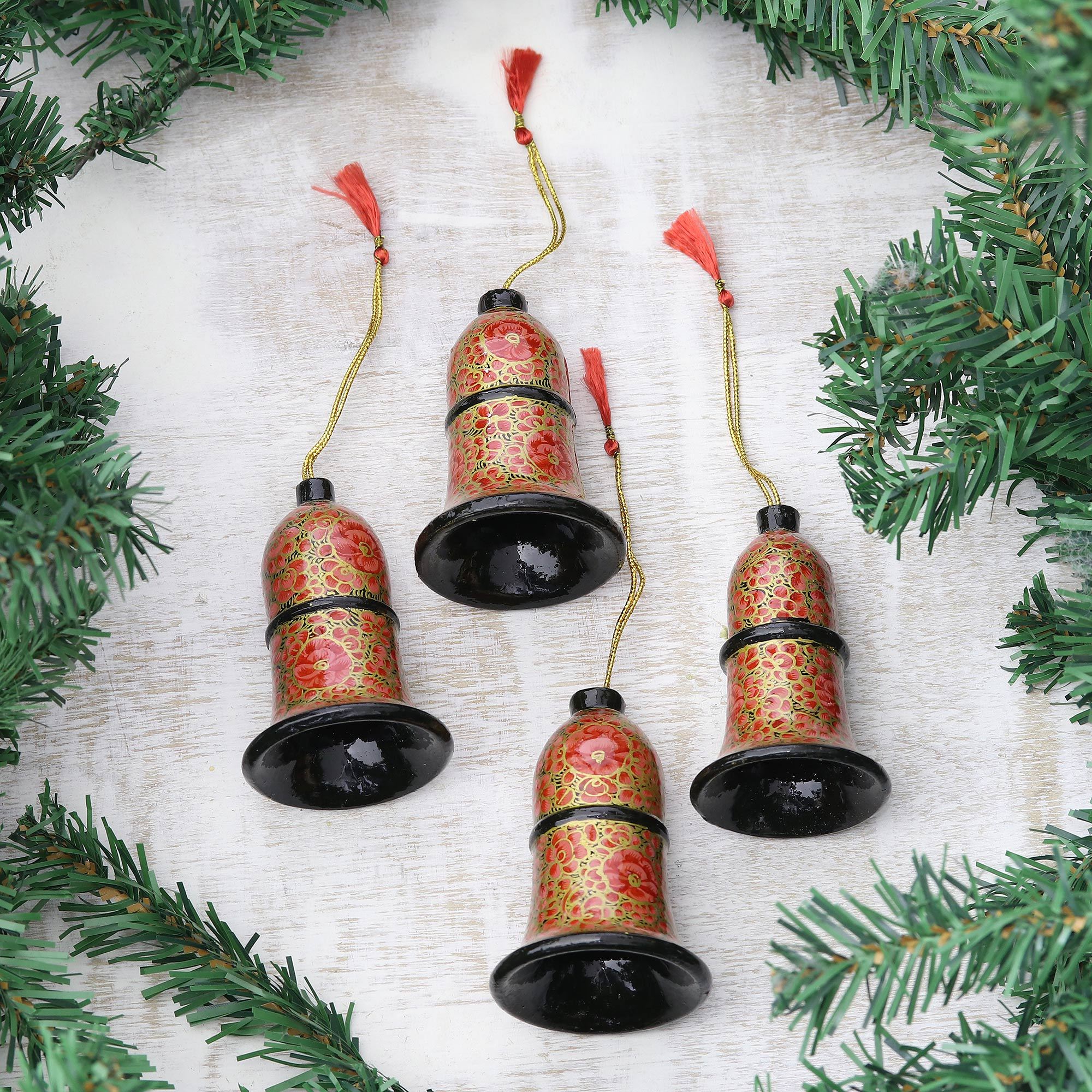 Artisan Crafted Papier Mache Bell Ornaments (Set of 4) - Floral ...