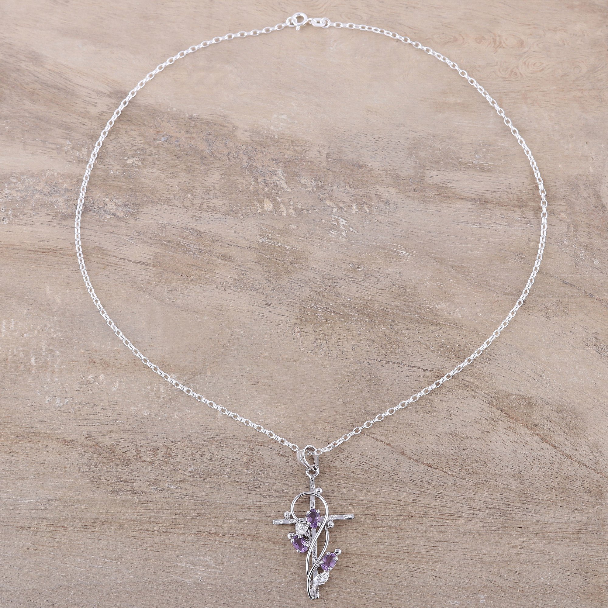 Rhodium Plated Amethyst Cross Pendant Necklace - Sacred Trinity | NOVICA