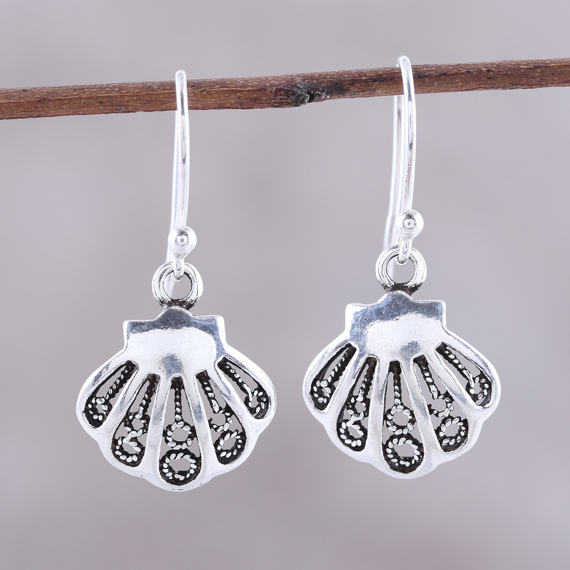 Seashell-Shaped Sterling Silver Dangle Earrings from India - Bright ...