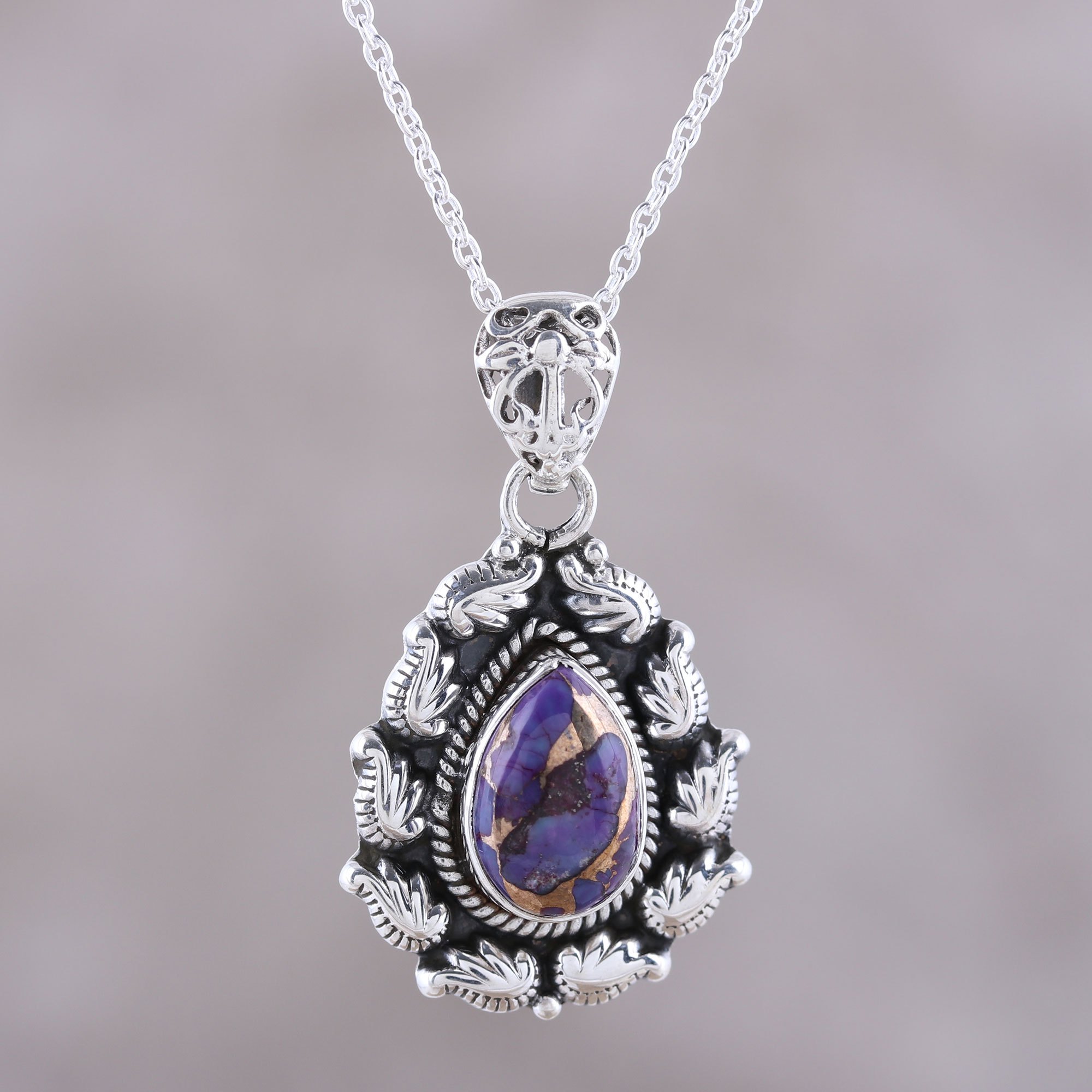 Indian Teardrop Shaped Pendant Necklace in Sterling Silver - Floral ...