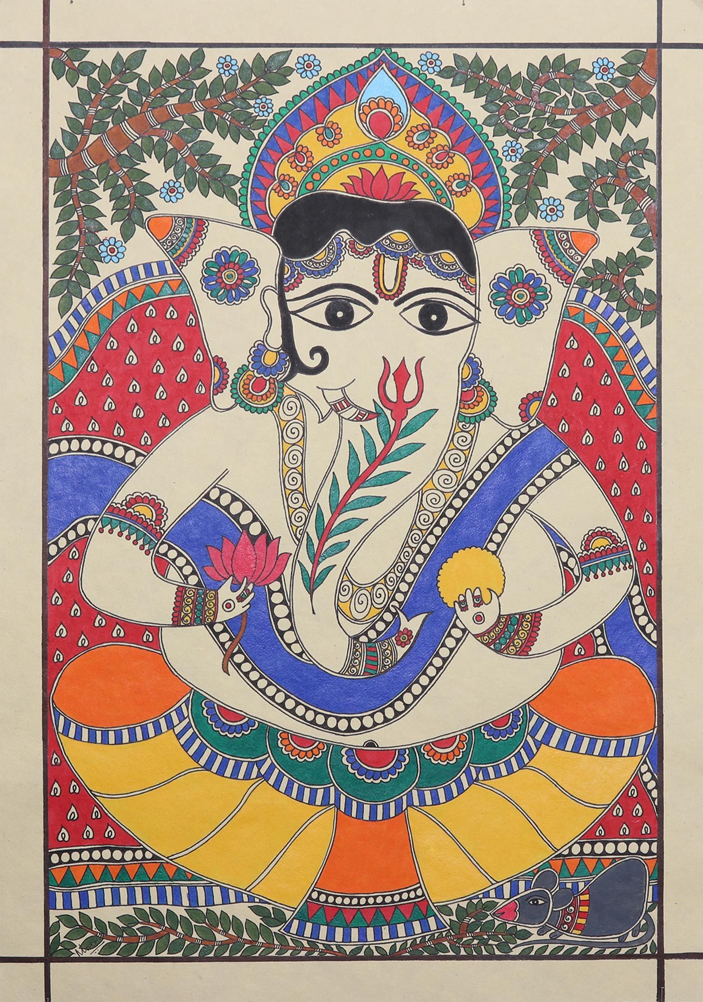 Madhubani Painting of Hindu God Ganesha from India - Pious Ganesha | NOVICA