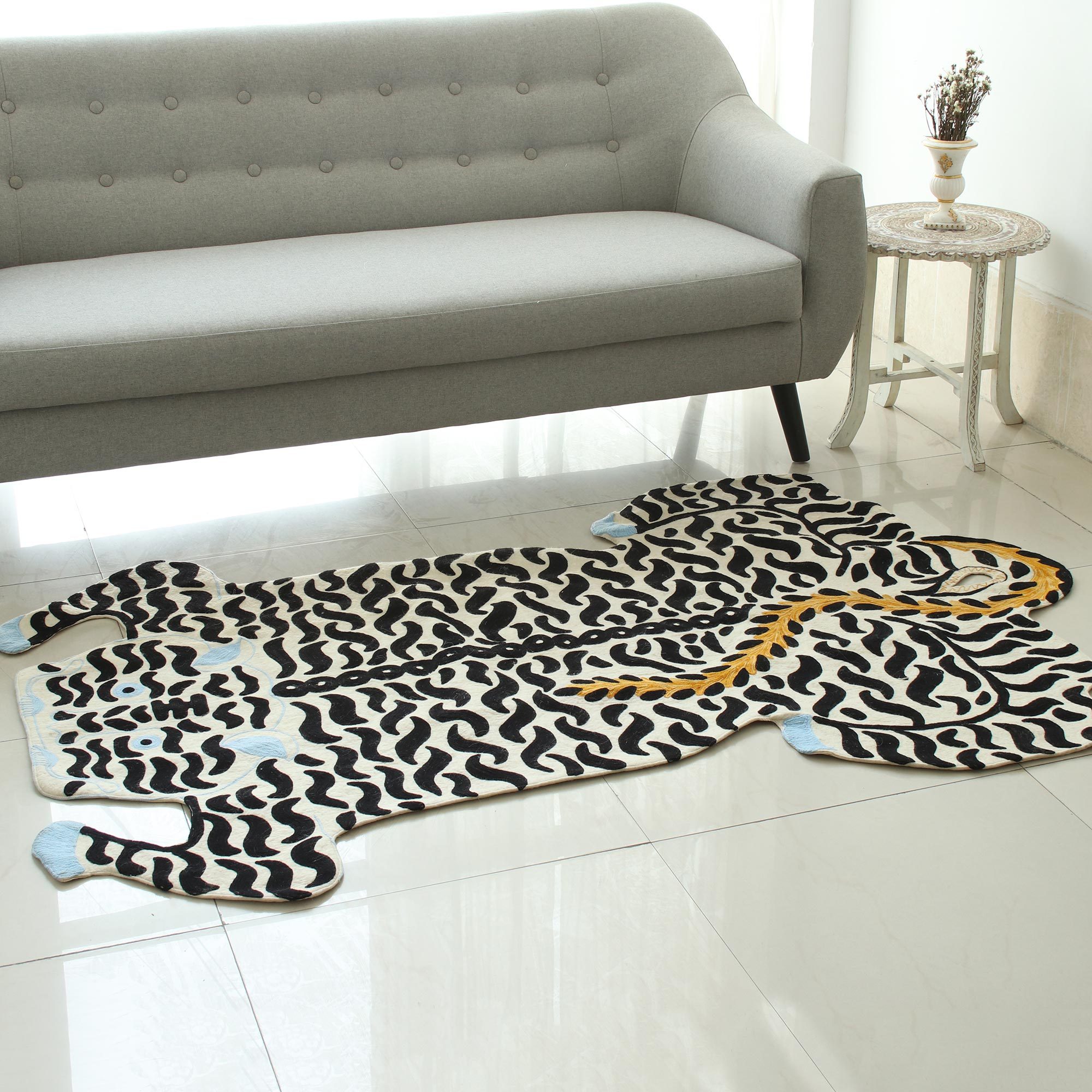 UNICEF Market | Chain-Stitched Wool White Tiger Theme Rug from India ...