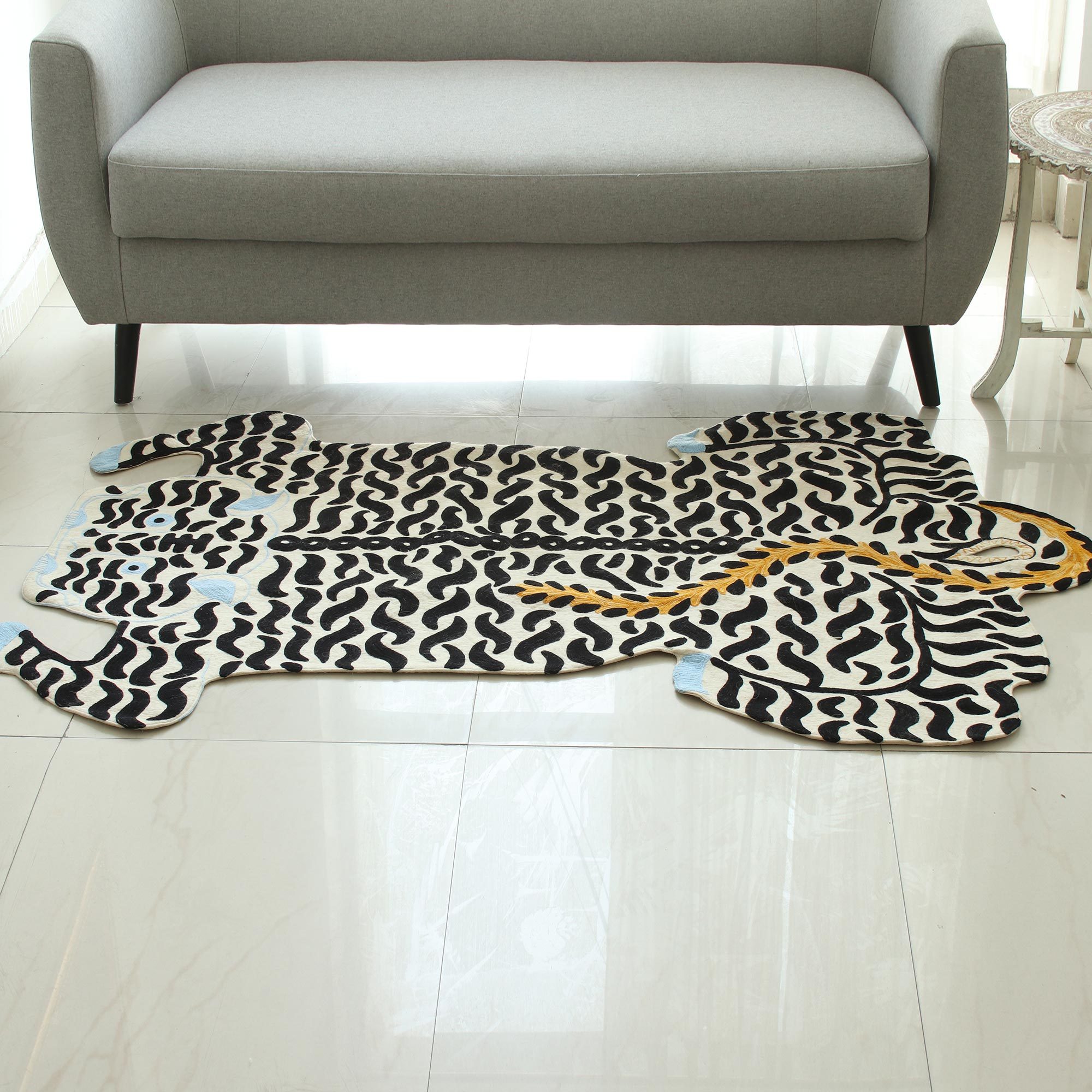UNICEF Market | Chain-Stitched Wool White Tiger Theme Rug from India ...