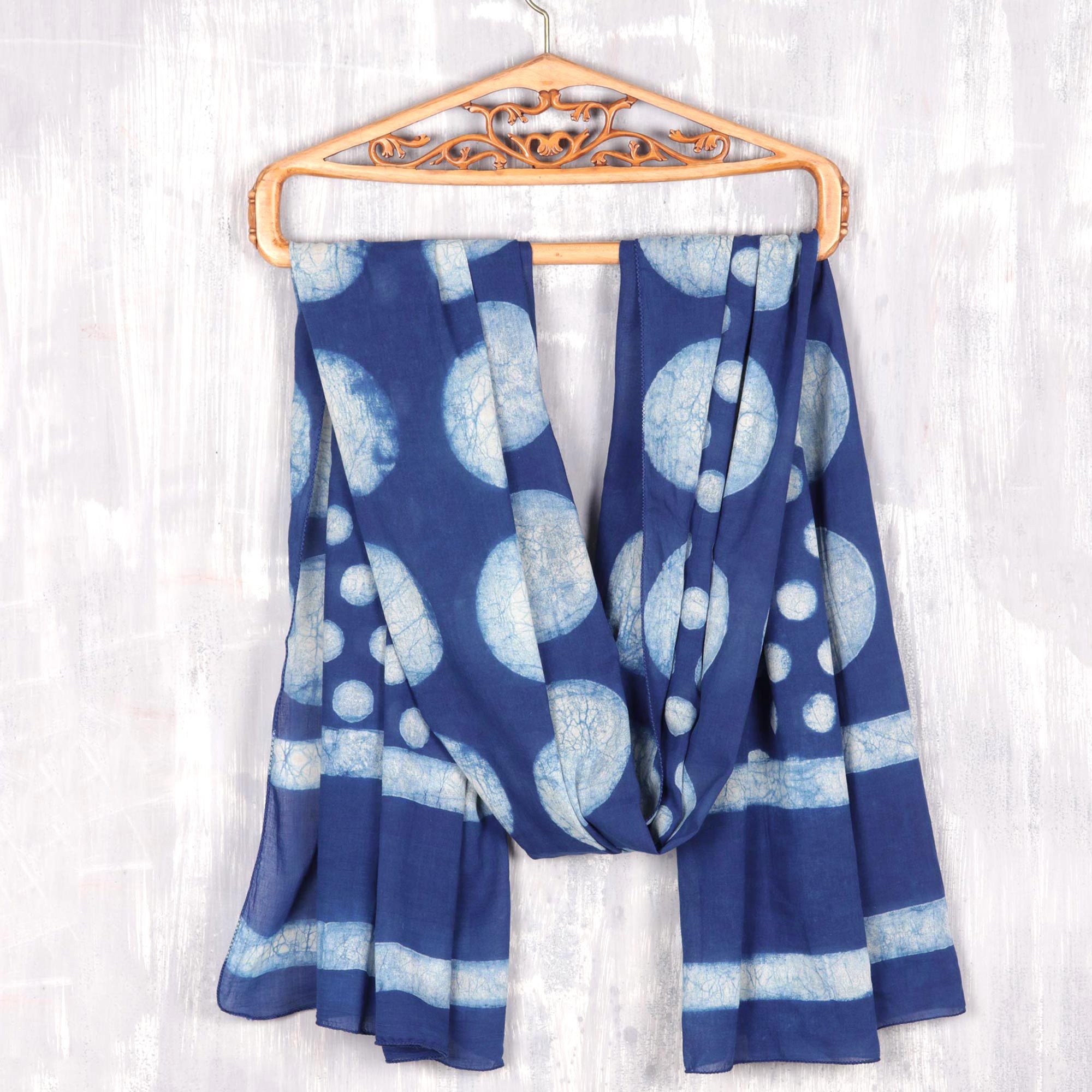 Moon Motif Block-Printed Cotton Shawl from India - Indigo Bubbles | NOVICA
