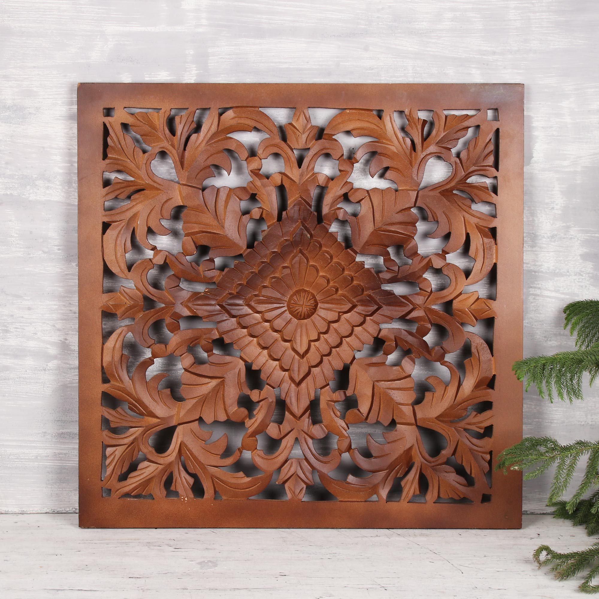 Floral Mango Wood Relief Panel In Brown From India Floral Square Novica