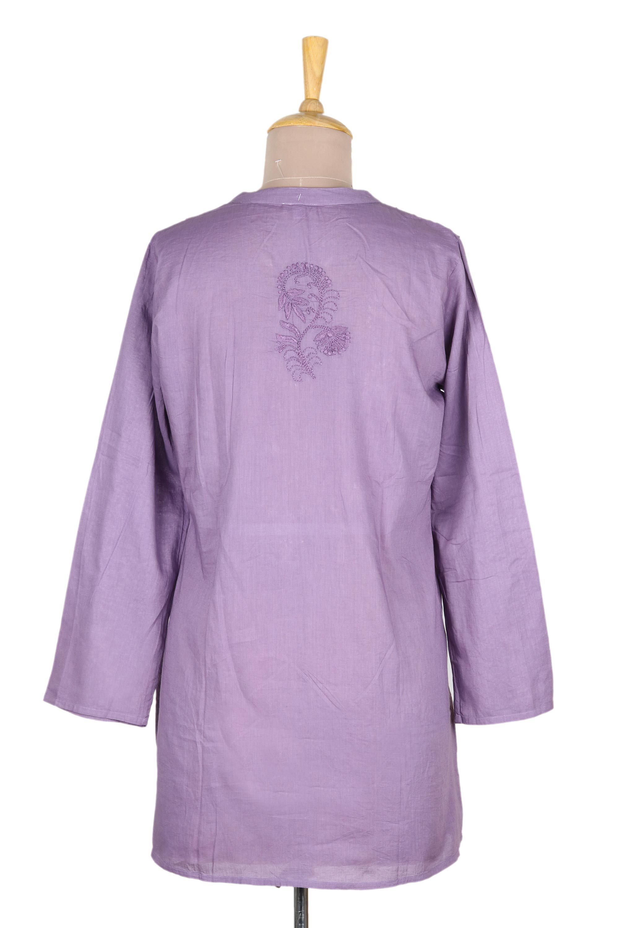 Hand Embroidered Lilac Cotton Tunic from India - Lilac Garden | NOVICA