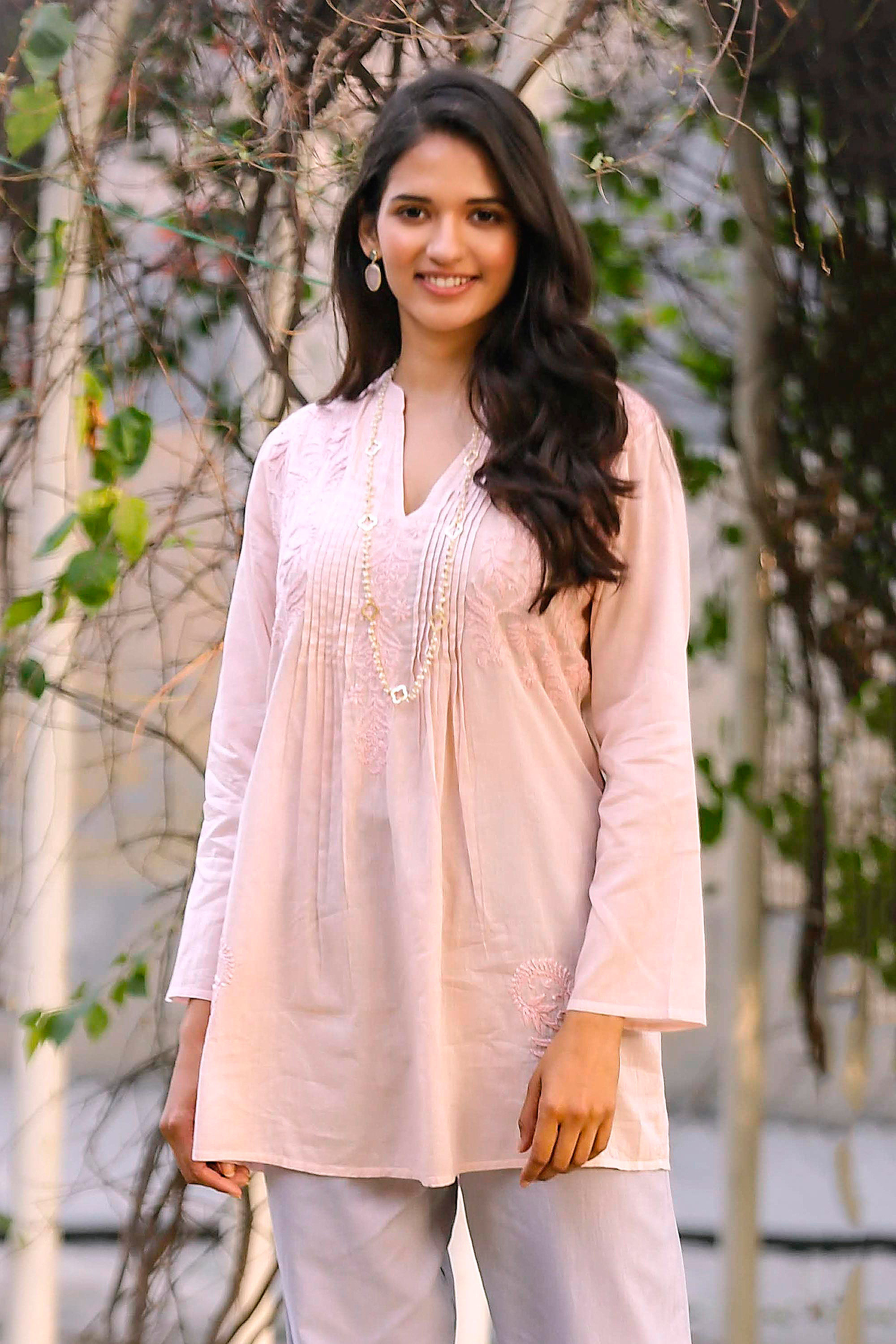 UNICEF Market | Hand Embroidered Pink Cotton Tunic from India - Spring Rose