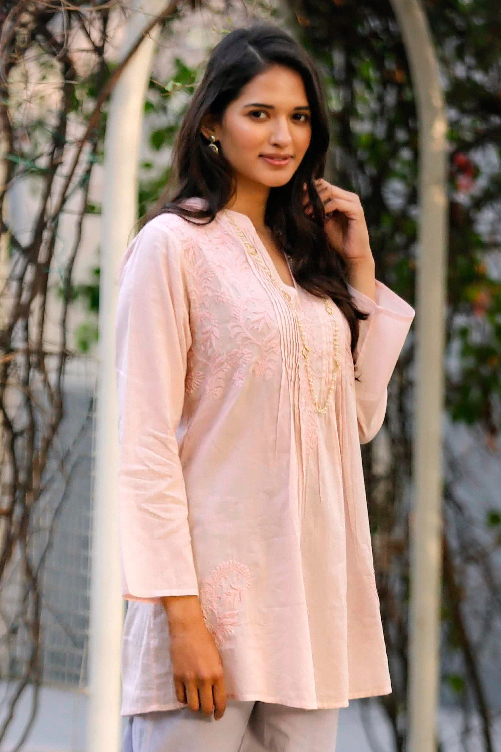 UNICEF Market | Hand Embroidered Pink Cotton Tunic from India - Spring Rose