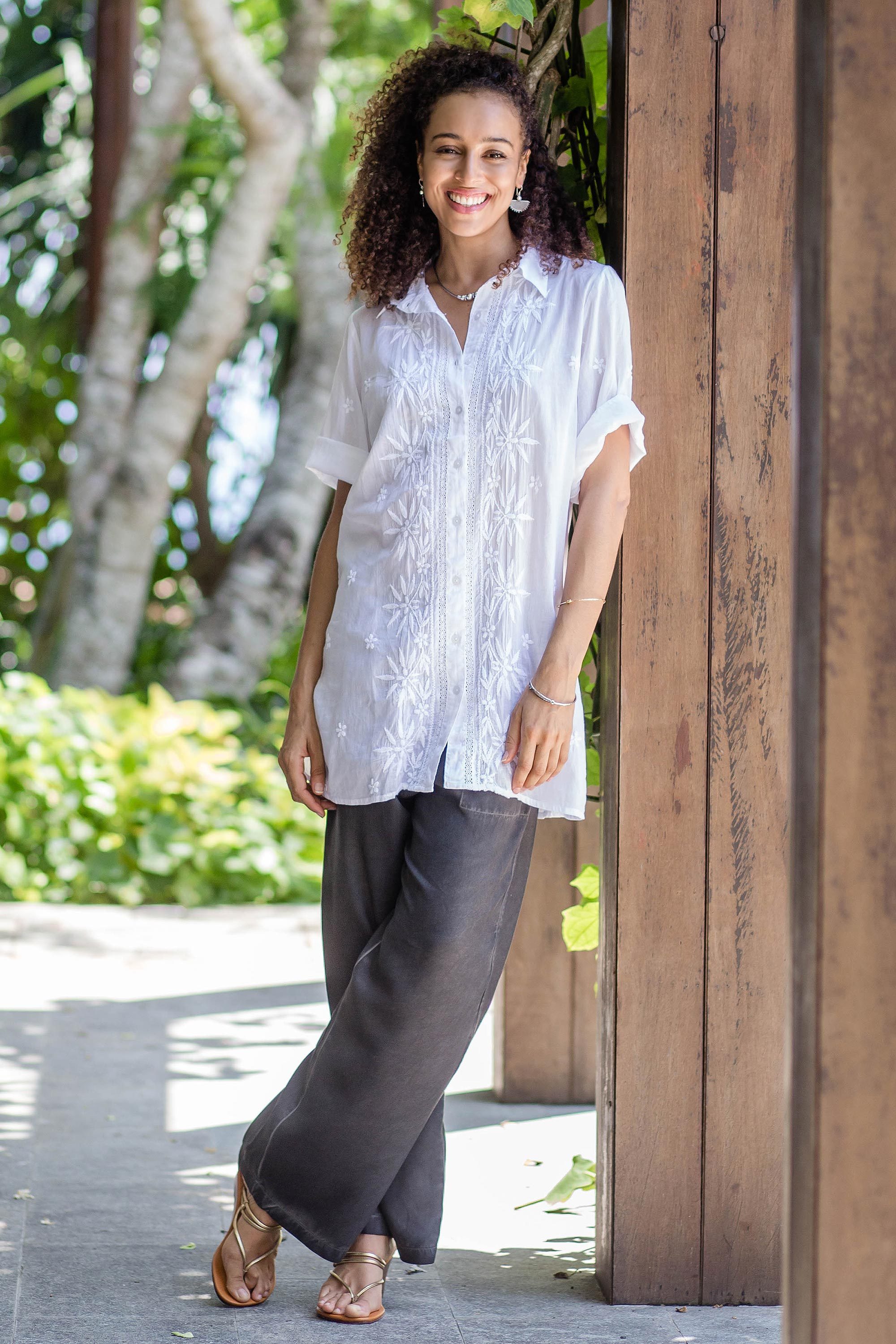 UNICEF Market | Chikankari Embroidered White Button Front Blouse ...