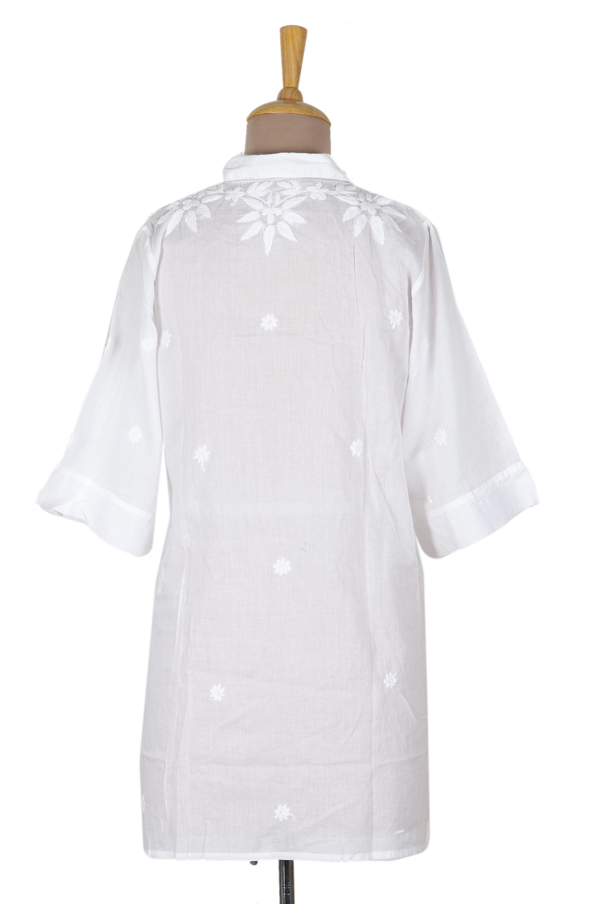 UNICEF Market | Chikankari Embroidered White Button Front Blouse ...