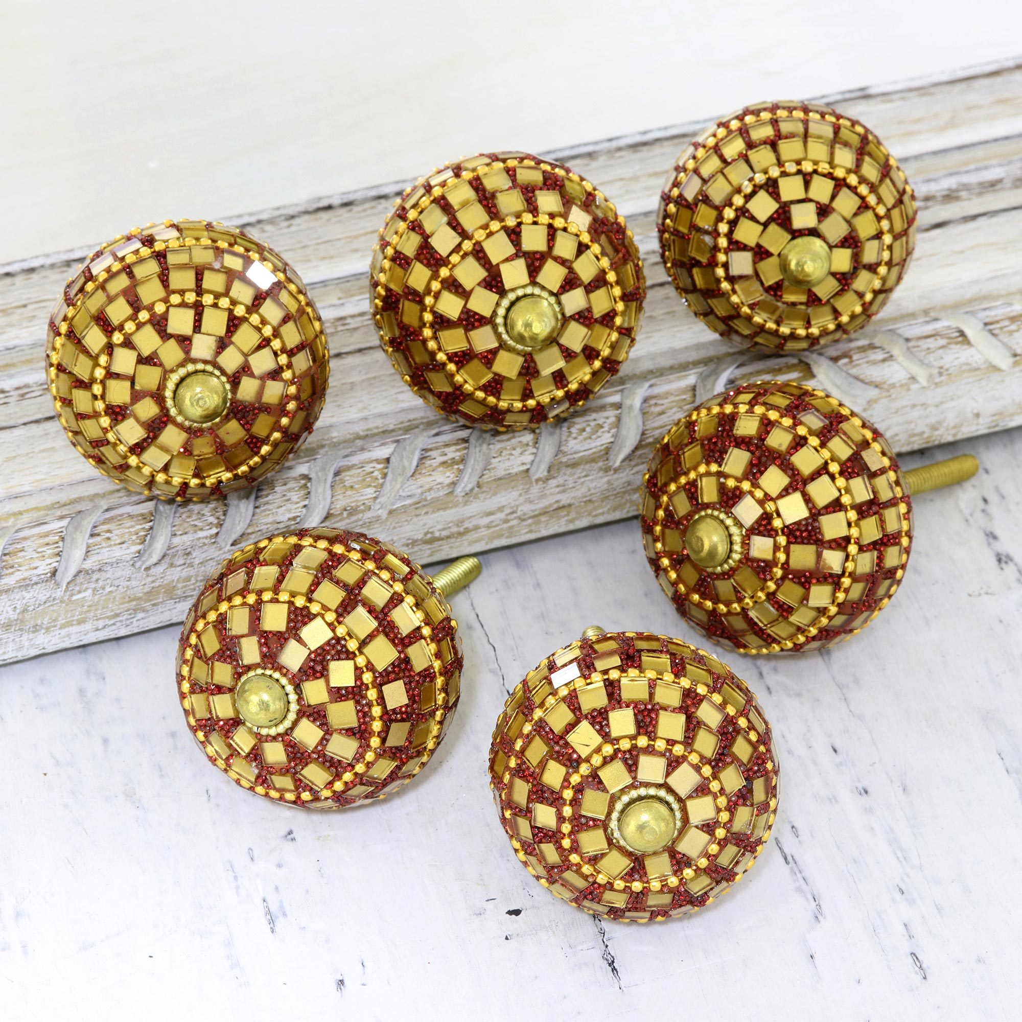 Red and Gold Glass and Mirror Embellished Wood Knobs (6) - Mirror ...