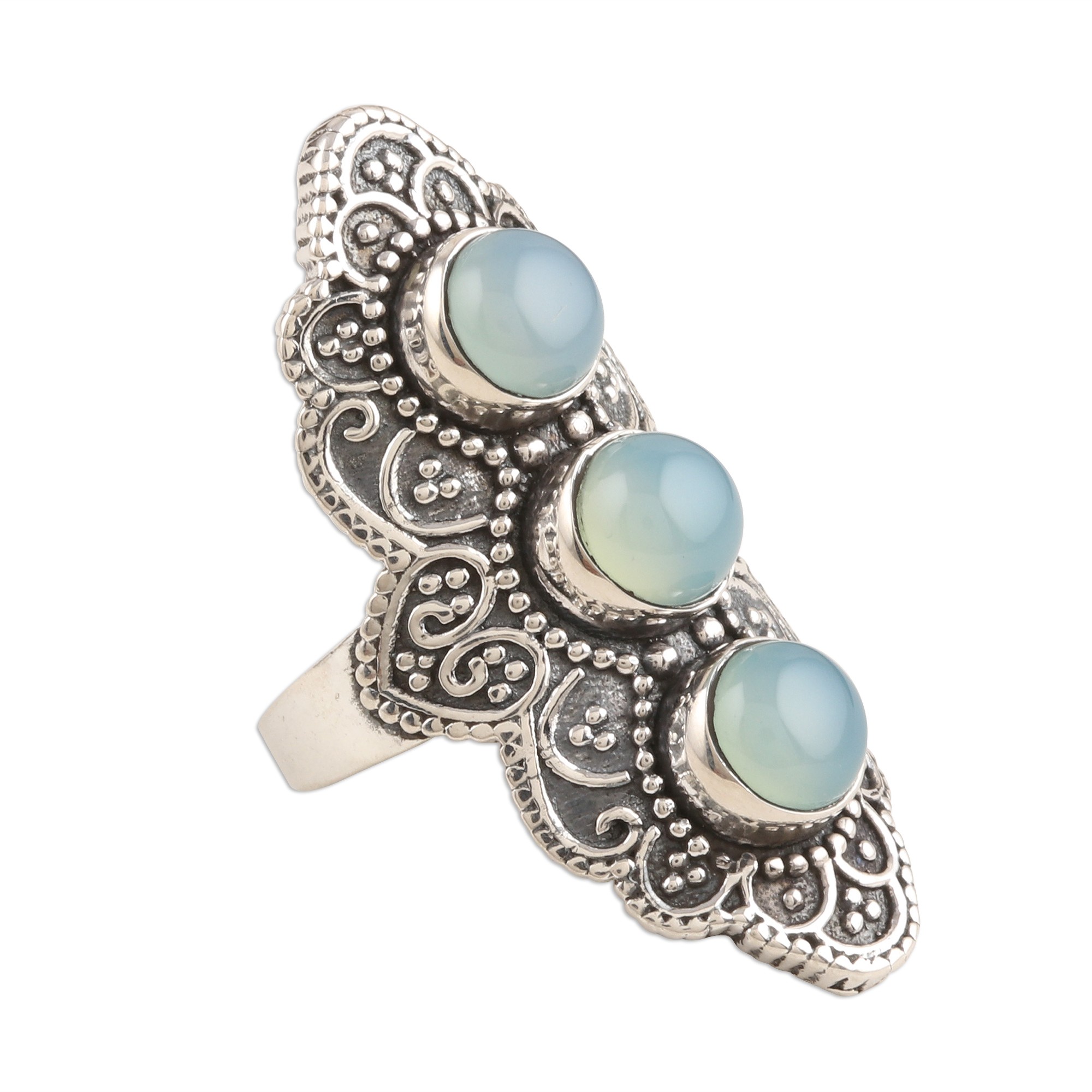 Oxidized Sterling Silver Chalcedony Cocktail Ring - Goddess Trio | NOVICA