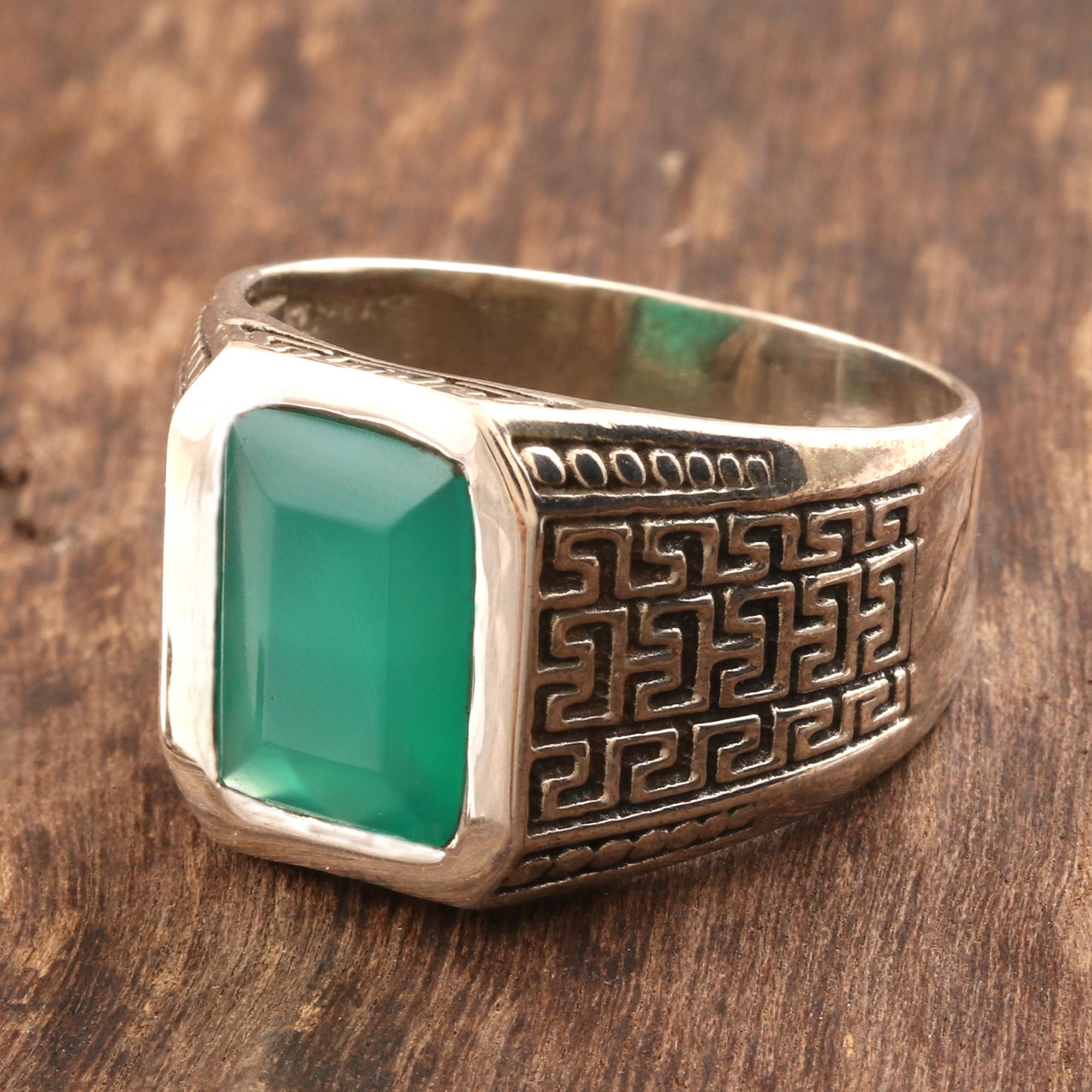 Greek Key Men's Ring with Green Onyx - Green Greek Key | NOVICA