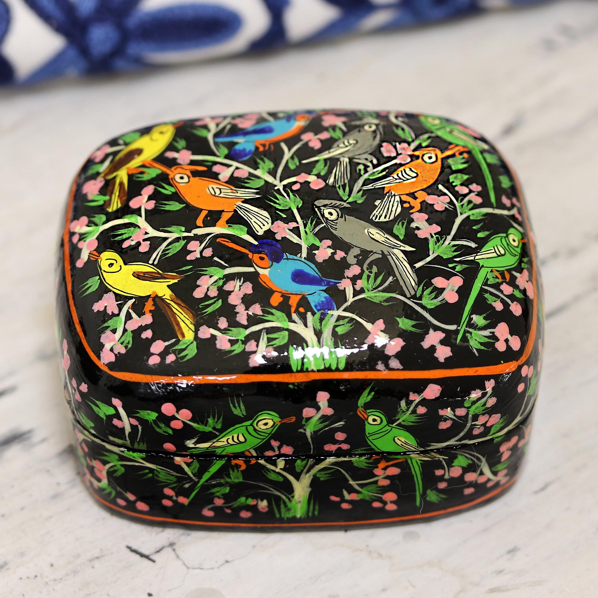 Hand Painted Wood Decorative Bird Box - Chirping Birds | NOVICA