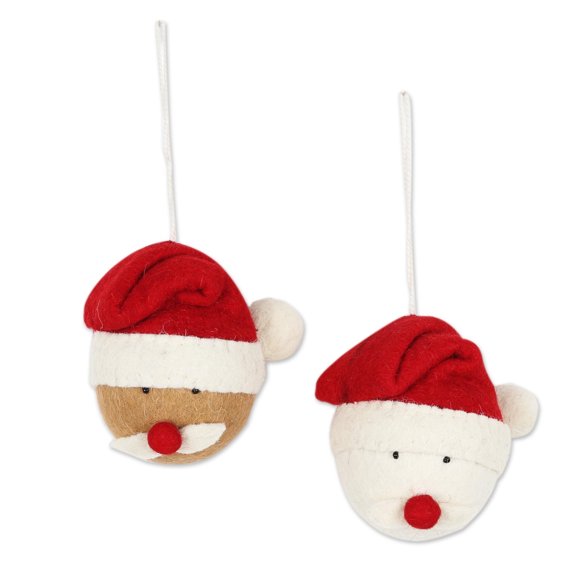 Hand Crafted Wool Felt Santa Face Ornaments (Pair) - Santa Face | NOVICA