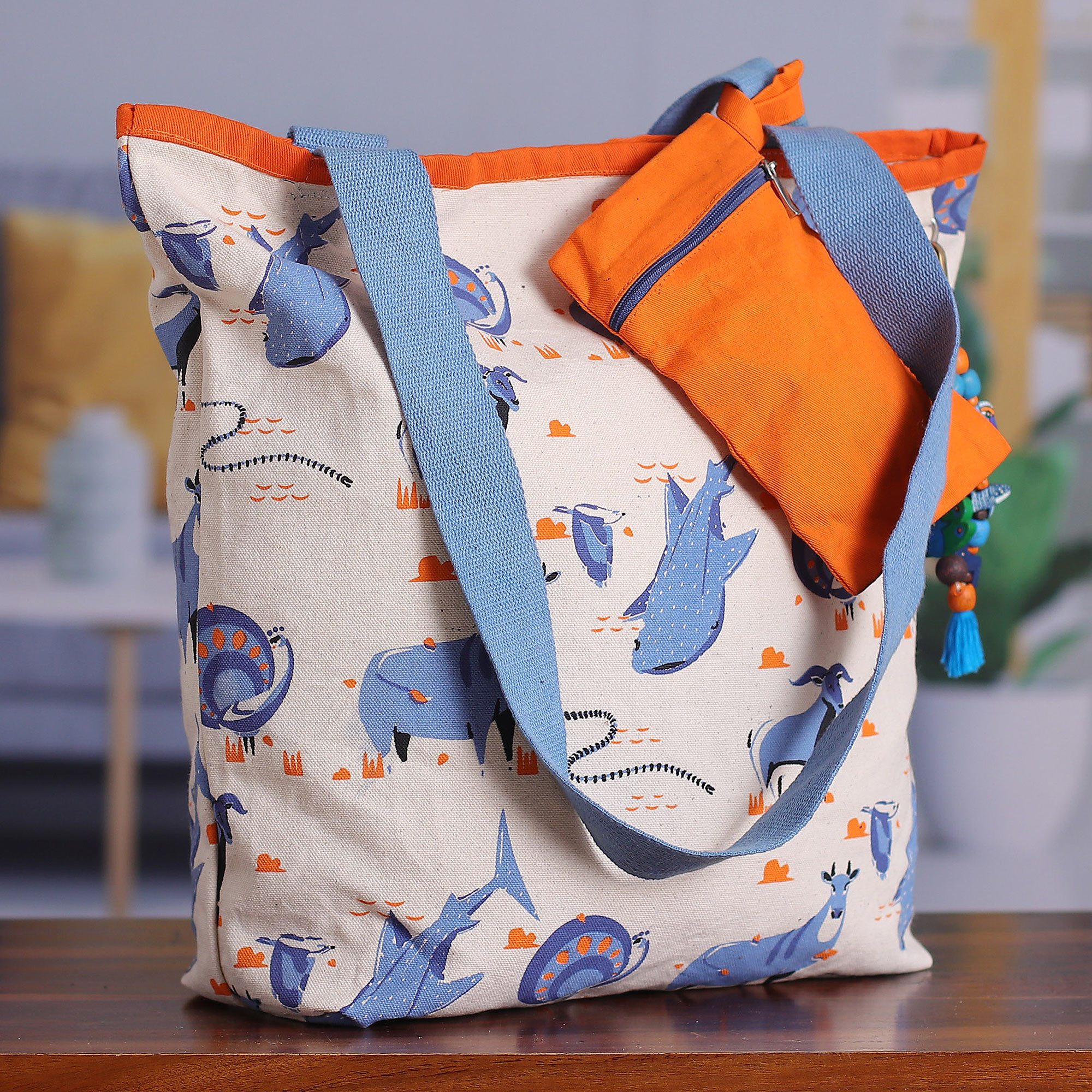 UNICEF Market | Wild Animals Cotton Canvas Tote Bag - Blue Wilderness