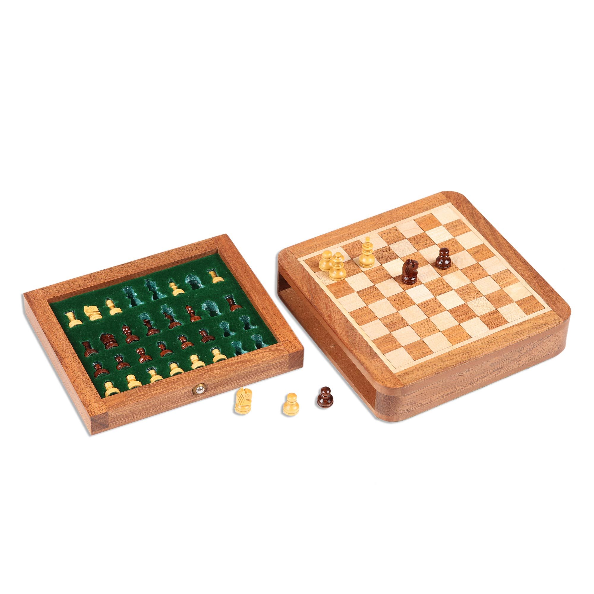 Hand Carved Wood Mini Travel Chess Set - Traveling with Royalty | NOVICA