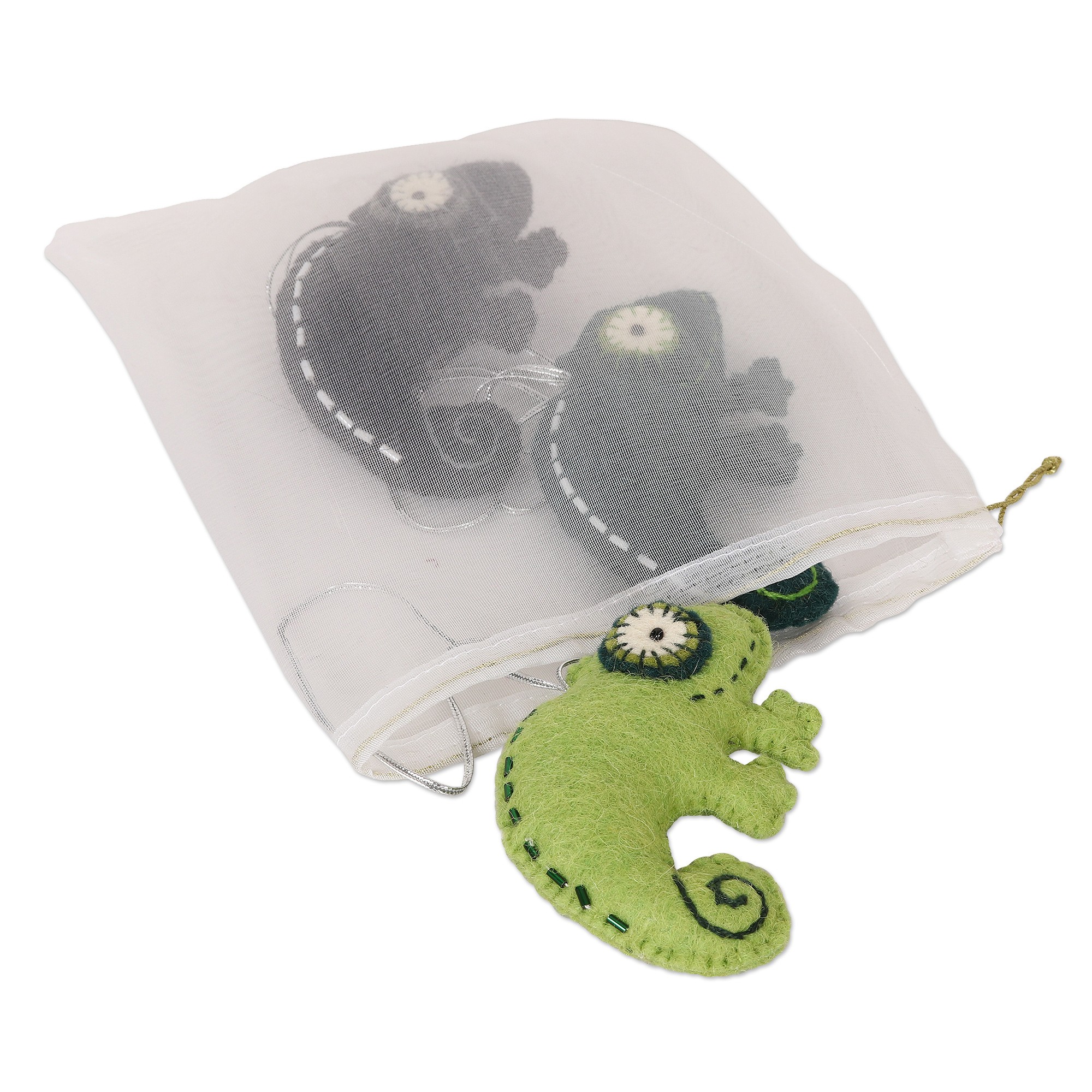 Set of 3 Wool Felt Lizard Ornaments - Lizard Tales | NOVICA