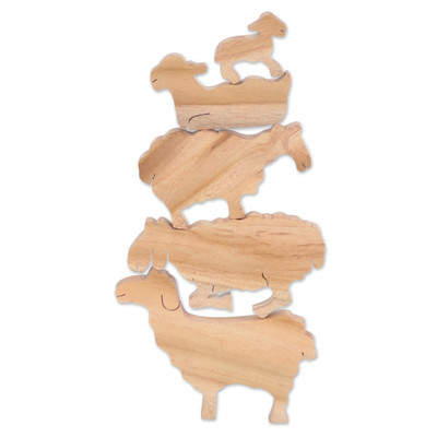 Hand Carved Teak Wood Sheep-Themed Stacking Game (5 Pieces) - Sheep ...
