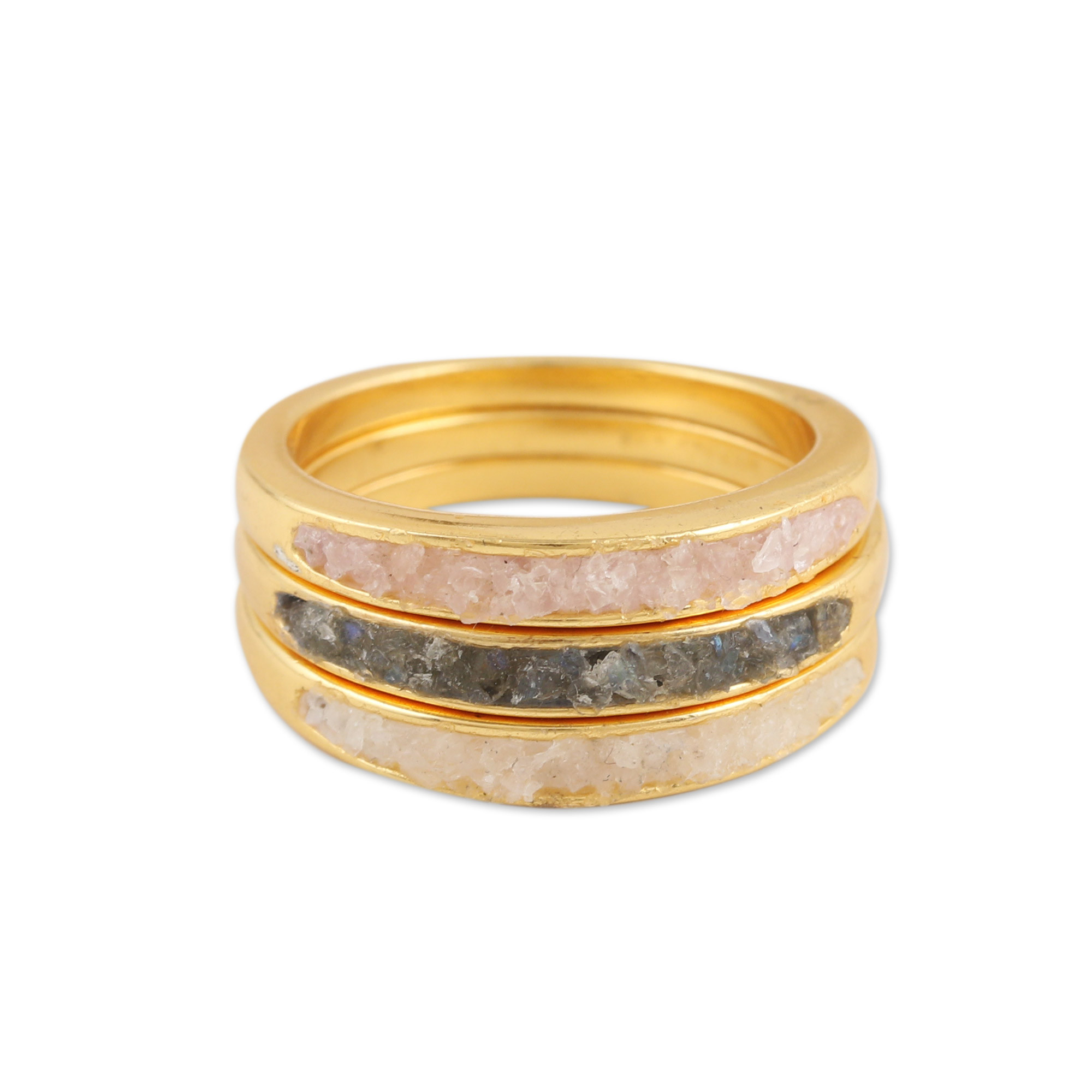 Set of 3 18k Gold-Plated Gemstone Stacking Rings from India - Alluring ...