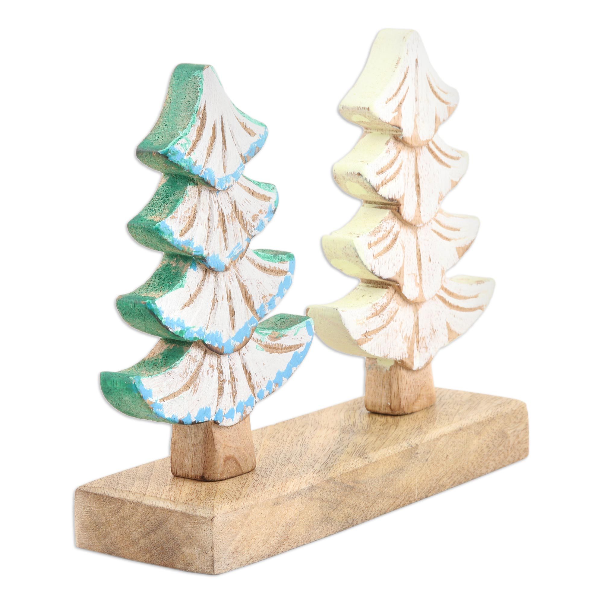 Mango Wood Snowy Tree Sculpture Hand-Carved in India - Snowy Forest ...