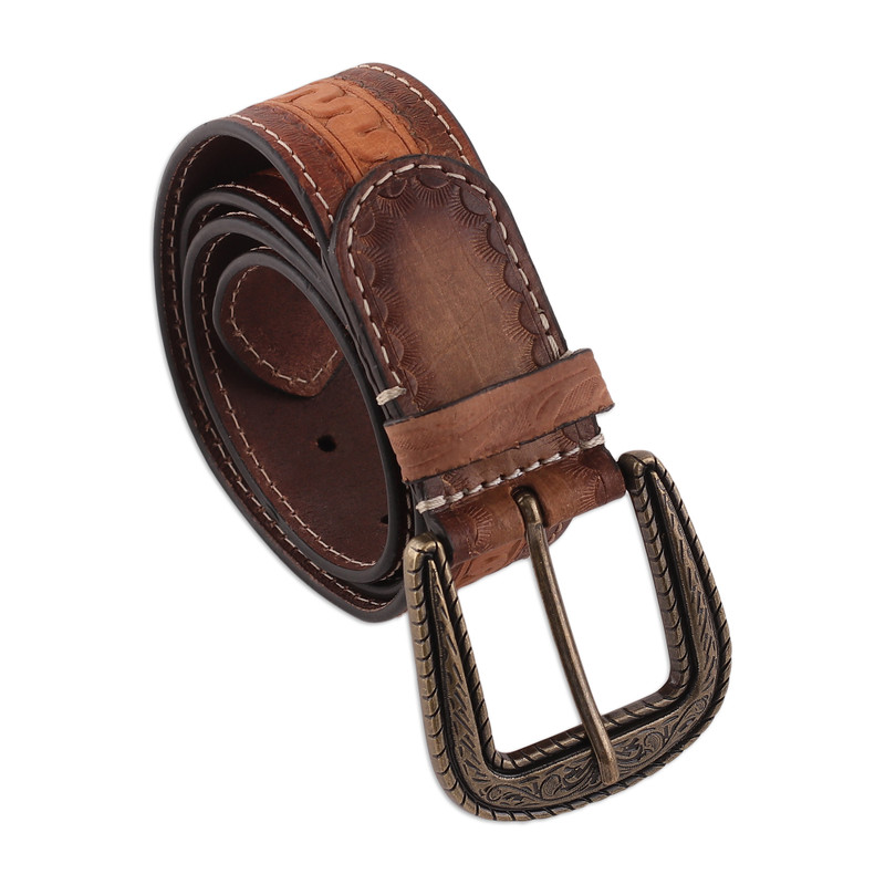 Artisan-Made Brown Men's Embossed Leather Belt from India - Sepia ...
