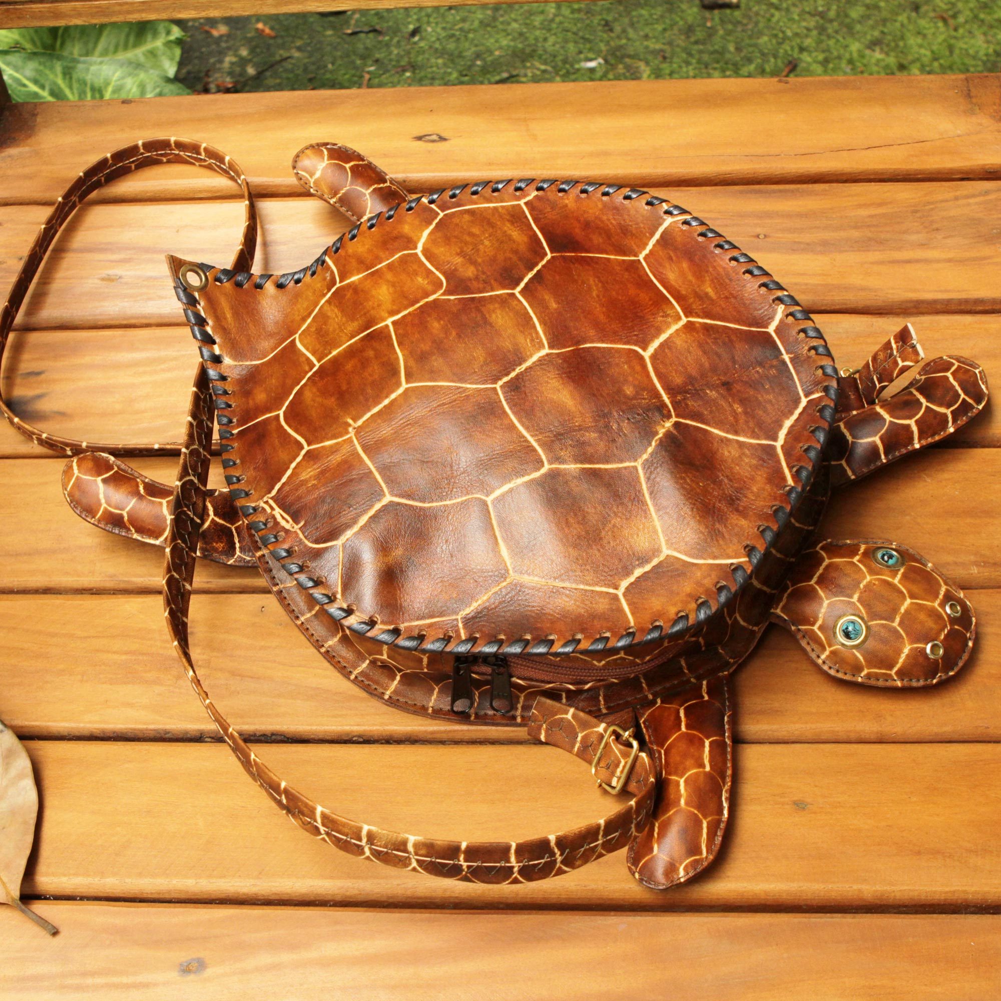 Turtle Theme Handcrafted Brown Leather Shoulder Bag - Brown Brazilian ...