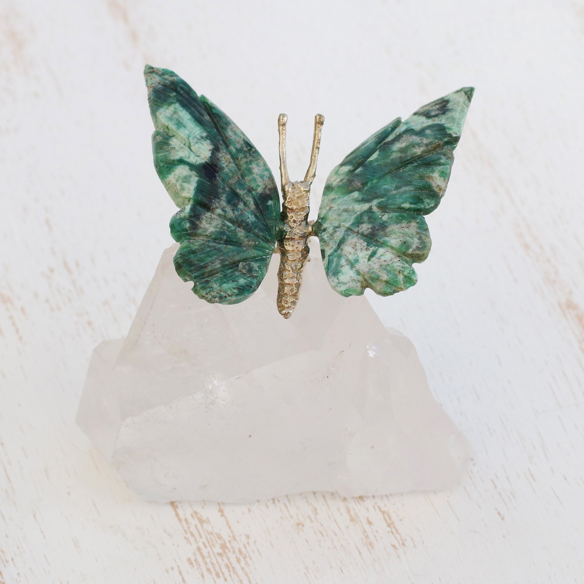 Serpentinite Butterfly Figurine on Quartz Mountain Peak Base - Gentle ...
