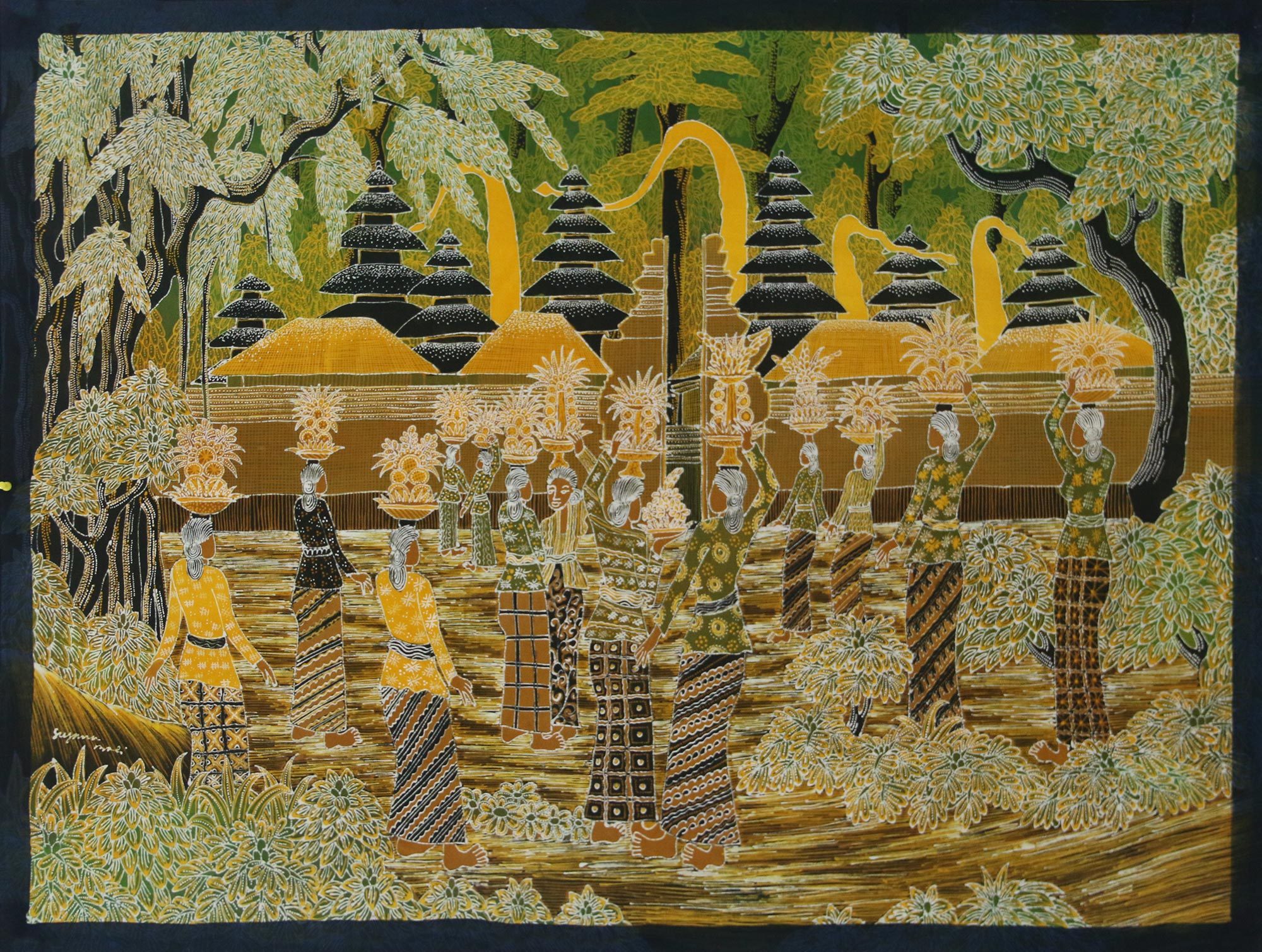 Signed Batik Painting of a Religious Scene from Bali - Temple Offerings ...