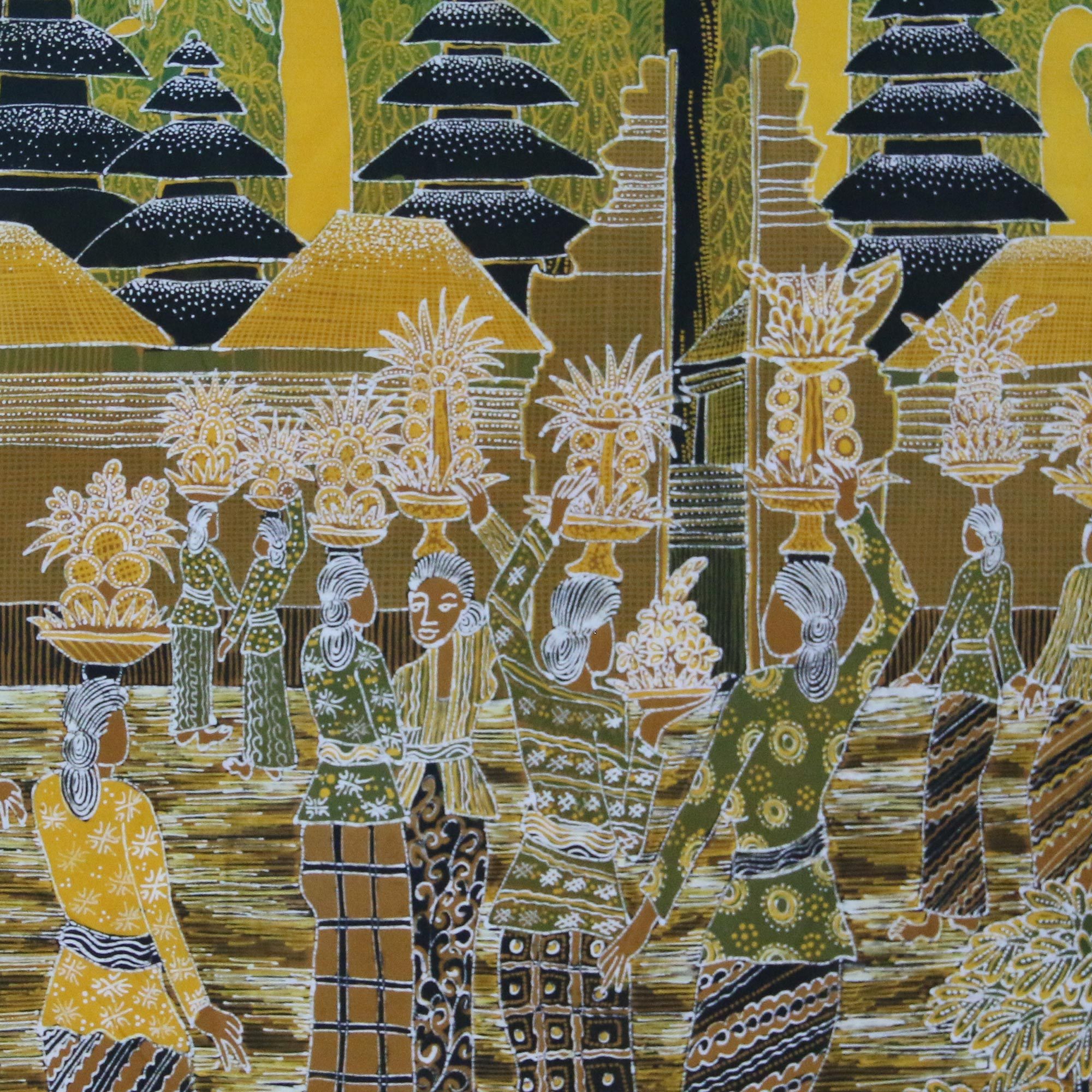 Signed Batik Painting of a Religious Scene from Bali - Temple Offerings ...