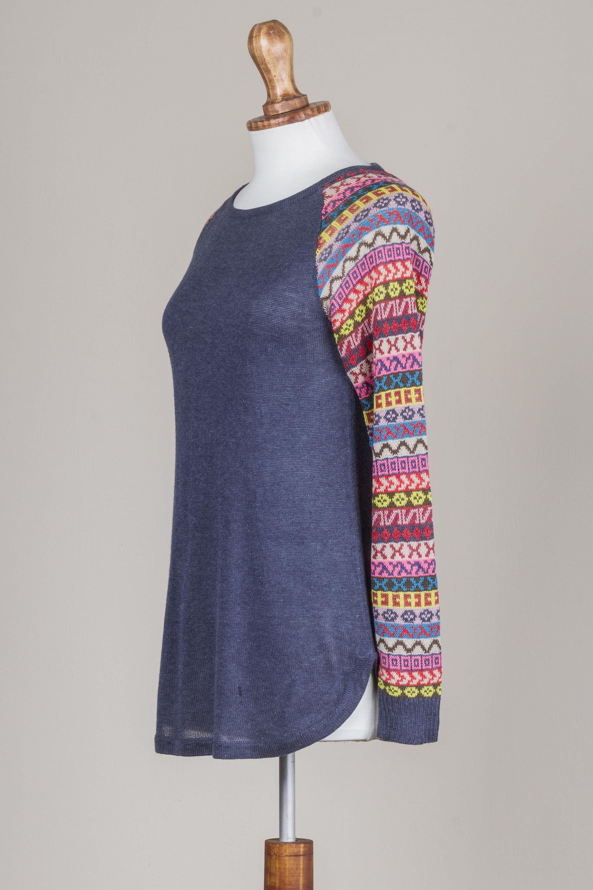 UNICEF Market | Azure Blue Tunic Sweater with Multi Color Patterned ...