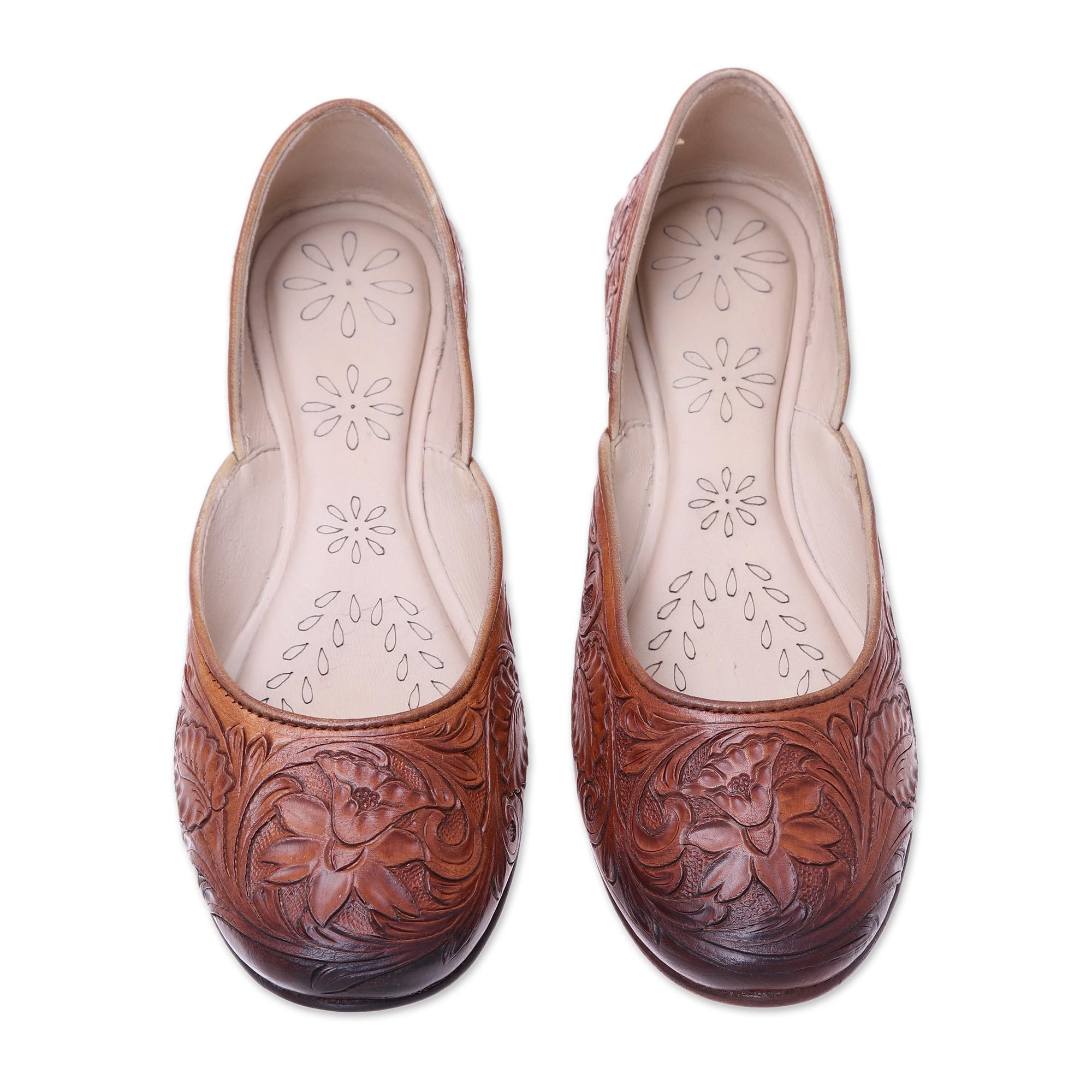 Floral Leather Jutti Shoes in Copper from India - Taj Mahal Stroll | NOVICA