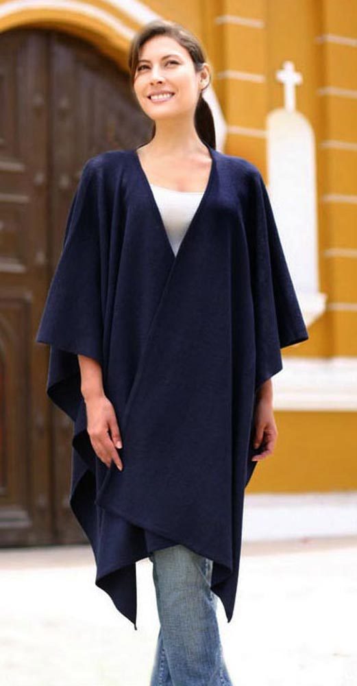 Fair Trade Blend Solid Blue Wrap Ruana - Navy Blue Chic | NOVICA