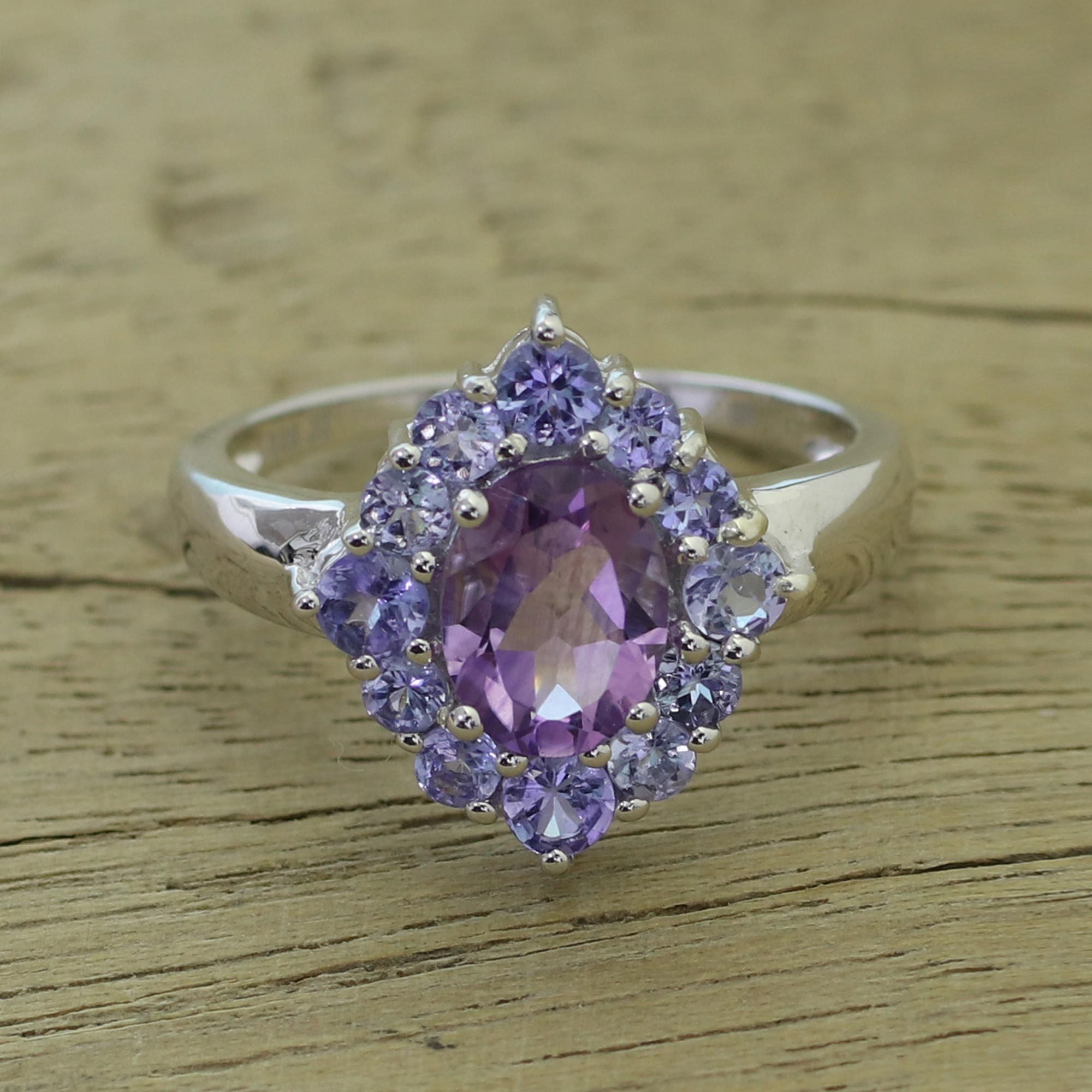 Purple Tanzanite and Amethyst Cocktail Ring from India - Sweet Purple ...
