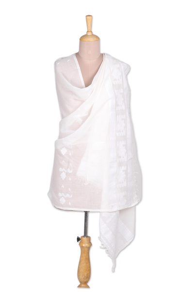 Handwoven White Cotton Shawl from India - Effortless Elegance | NOVICA