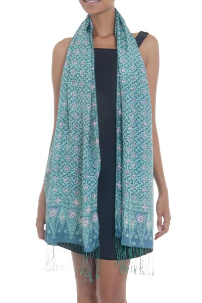 Blue Batik Truntum and Flower Patterned Silk Shawl - Truntum Biru | NOVICA